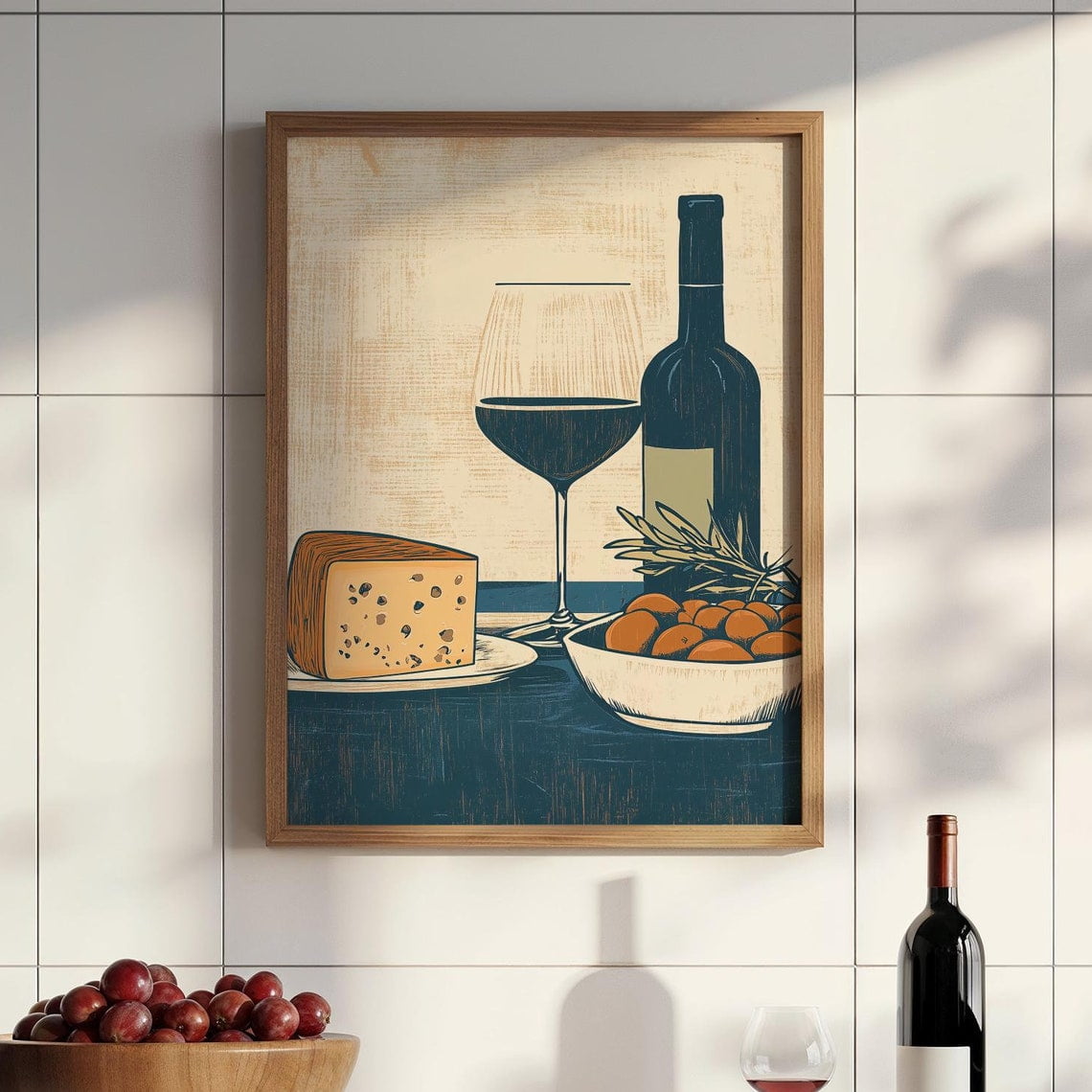 Dopaprint UNFRAMED PAPER POSTER Wine And Cheese Wall Art, Beige & Navy ...