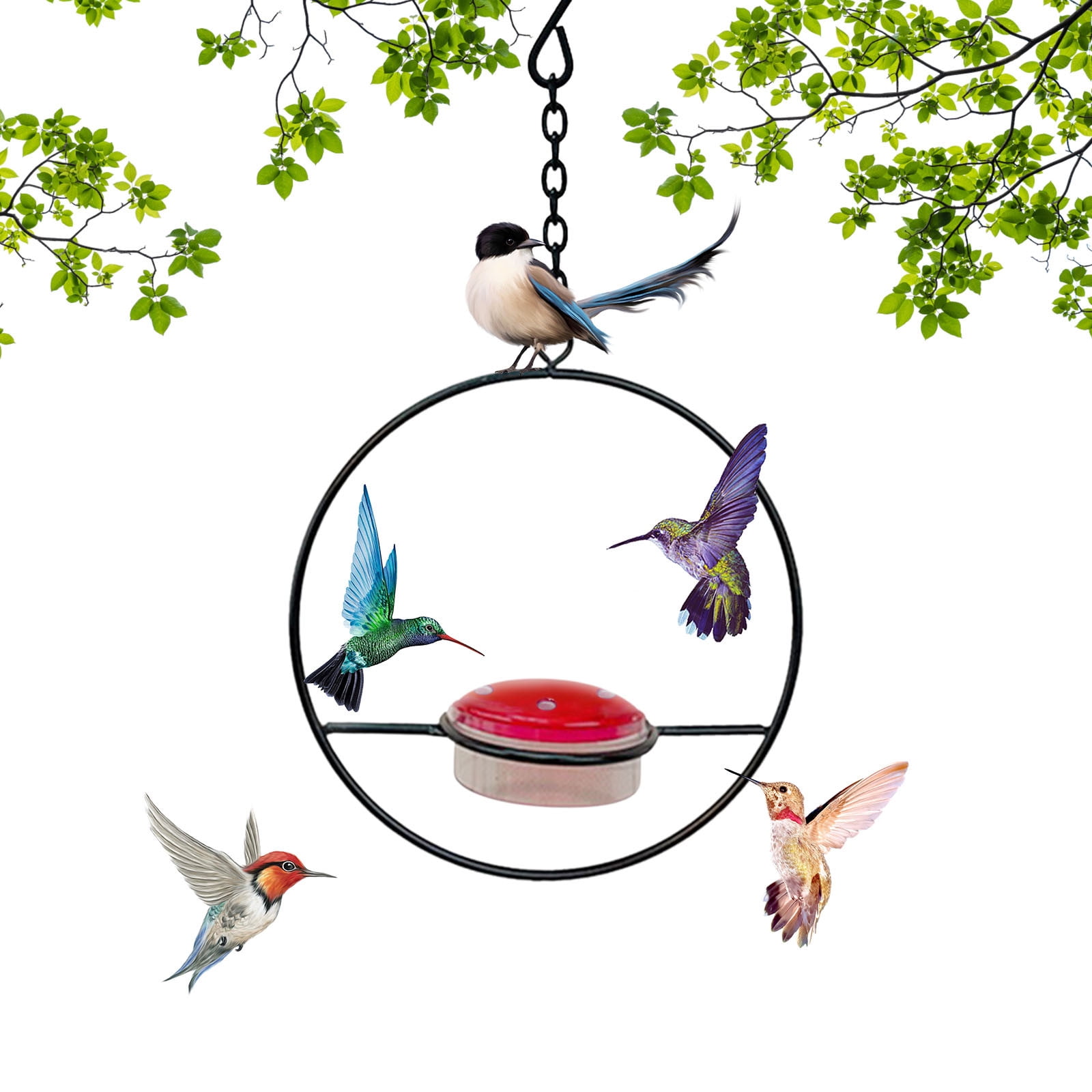 Dopebox Handcrafted Circular Hanging Hummingbird Feeder, Metal Hummingbird Feeder with Red Bowl ...