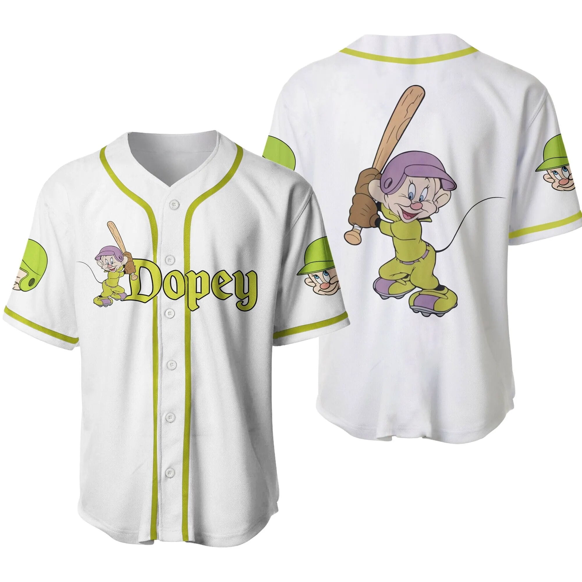 Dopey Dwarf White Green Disney Baseball Jersey Shirt 3D casual T-shirt ...