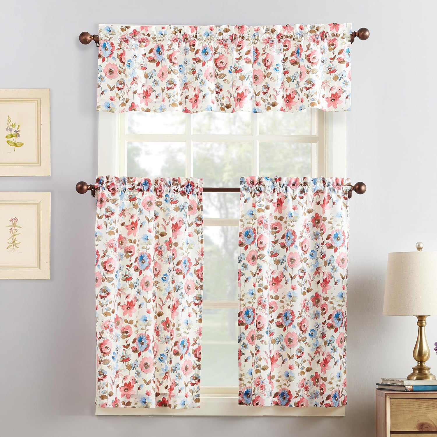 Dora Floral Semi-Sheer Rod Pocket Kitchen Curtain Set, Coral - Walmart.com