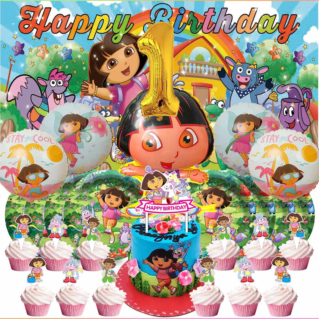Dora The Explorer 1st Tableware Balloons Cake Toppers Backdrop Banner ...