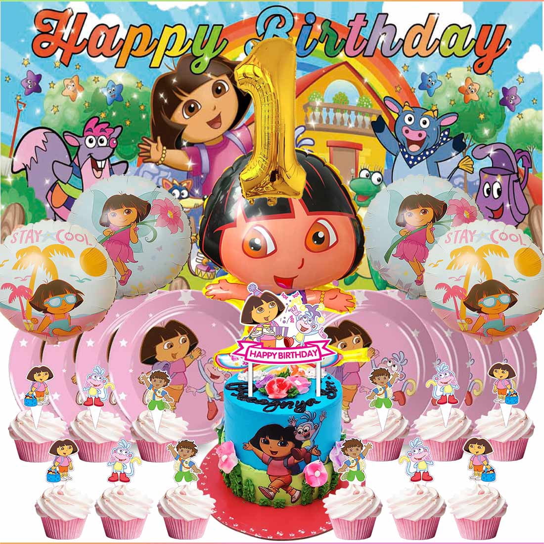 Dora The Explorer 1st Tableware Balloons Cake Toppers Backdrop Banner ...