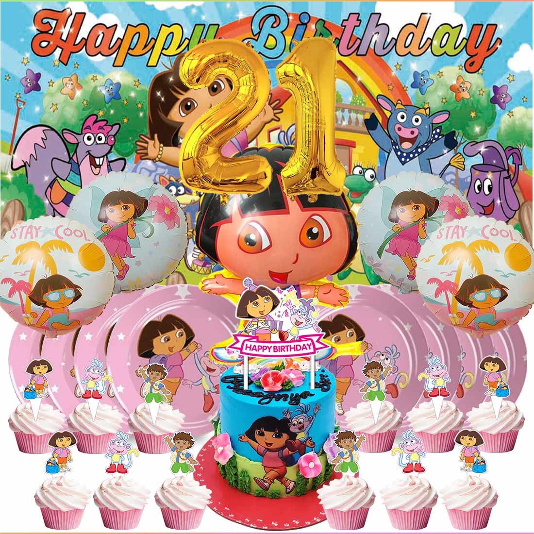 Dora The Explorer 21th Tableware Balloons Cake Toppers Backdrop Banner ...