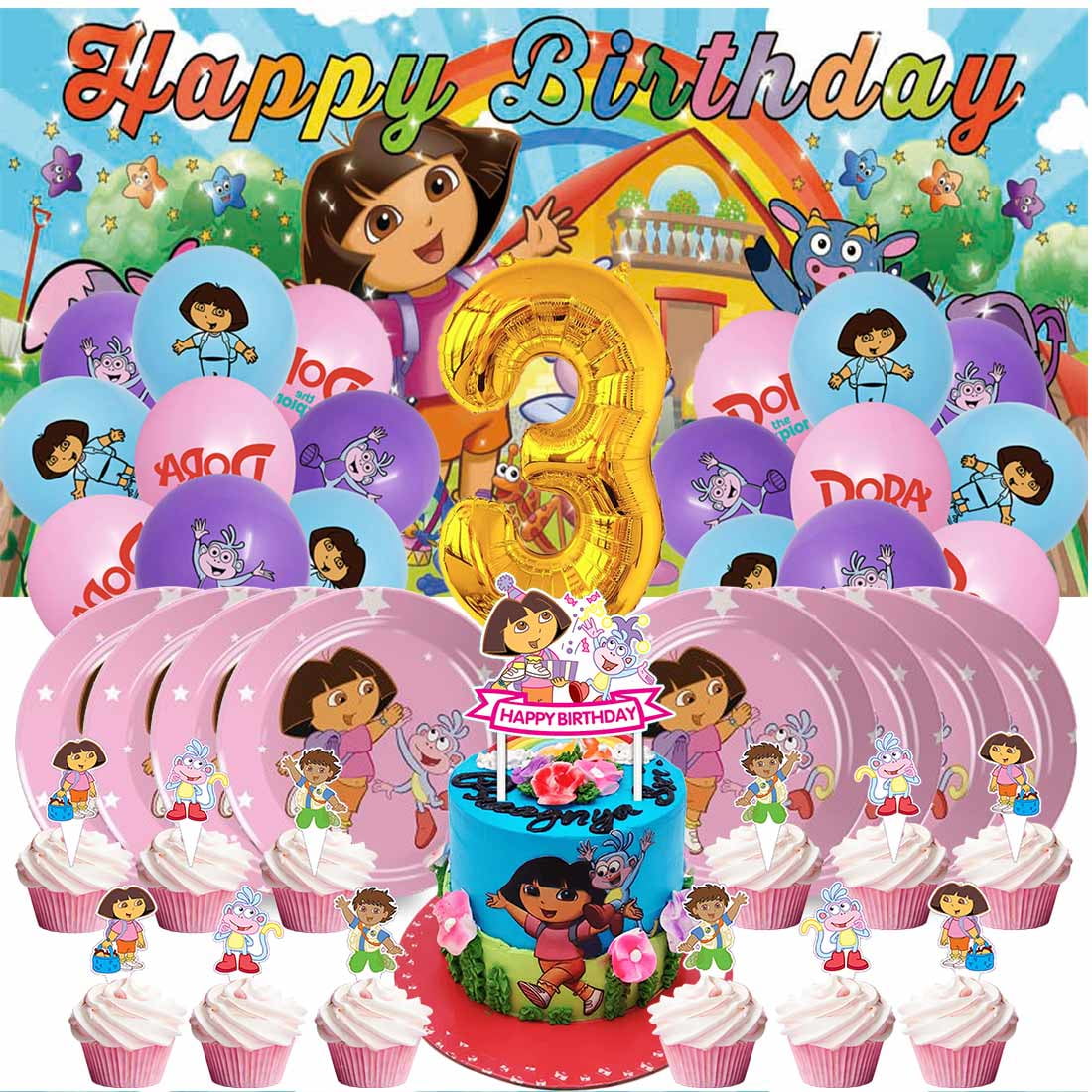 Dora The Explorer Balloons Party Supplies 3rd Decor Tableware Birthday ...