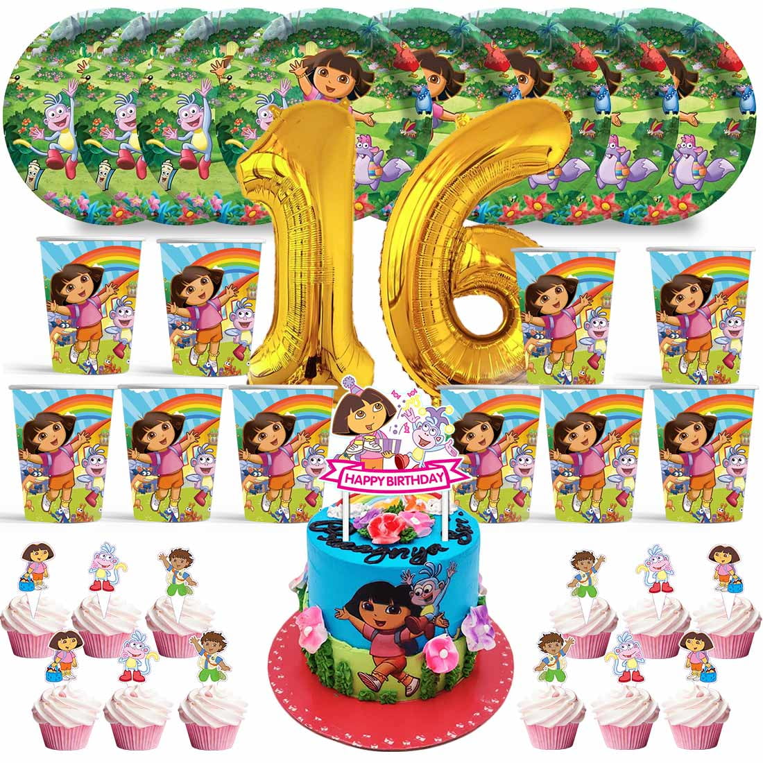 Dora The Explorer Birthday 16th Cups Party Supplies Plates Fans ...