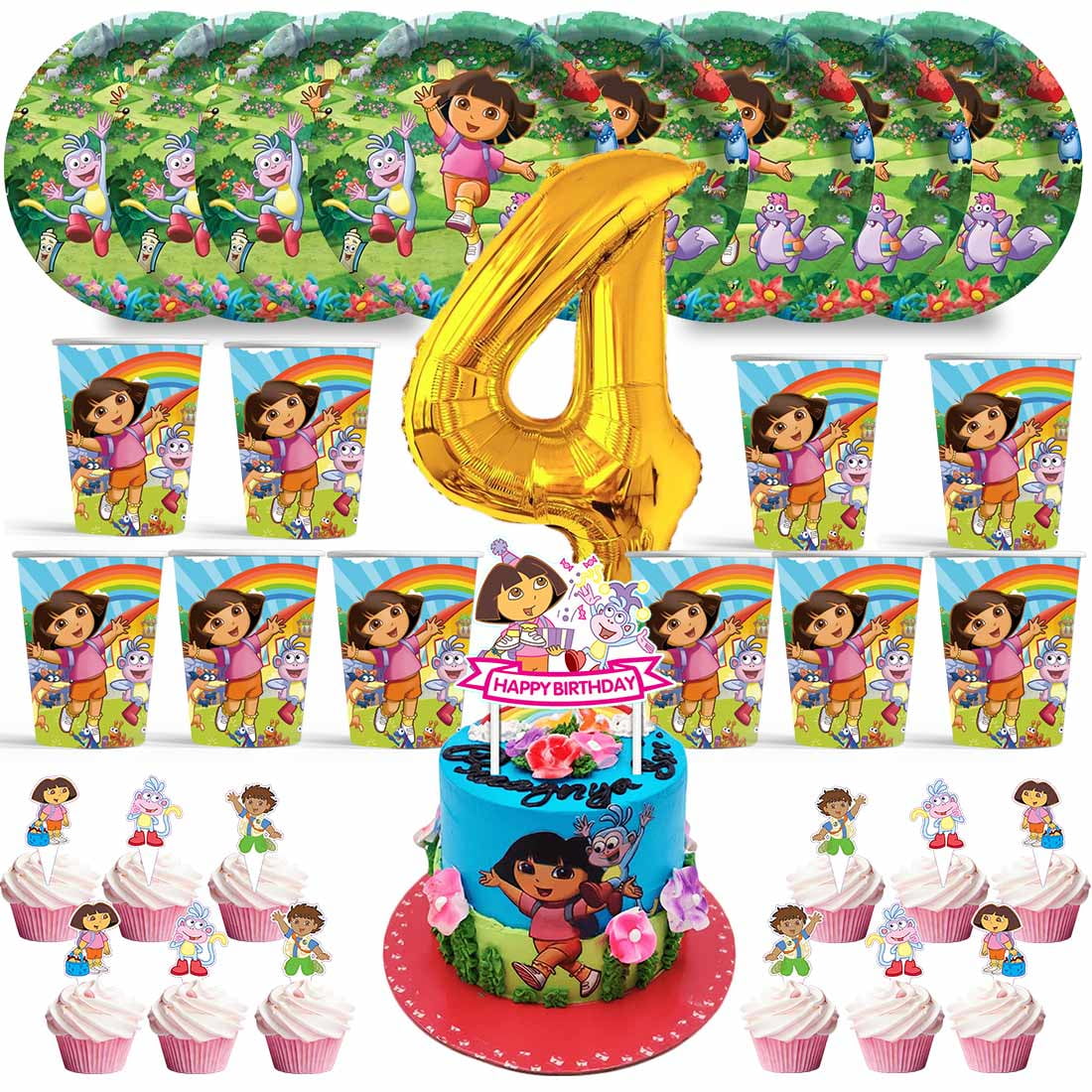 Dora The Explorer Birthday 4th Cups Party Supplies Plates Fans ...