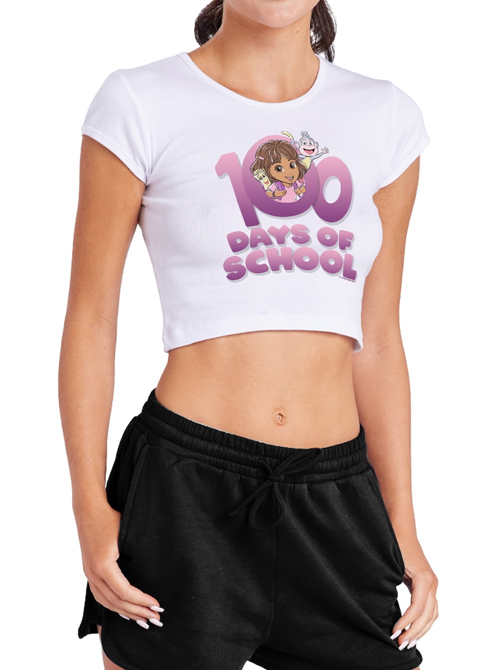 Dora the Explorer 100 Days Women's Cap Sleeve Baby Rib Crop Top, White ...