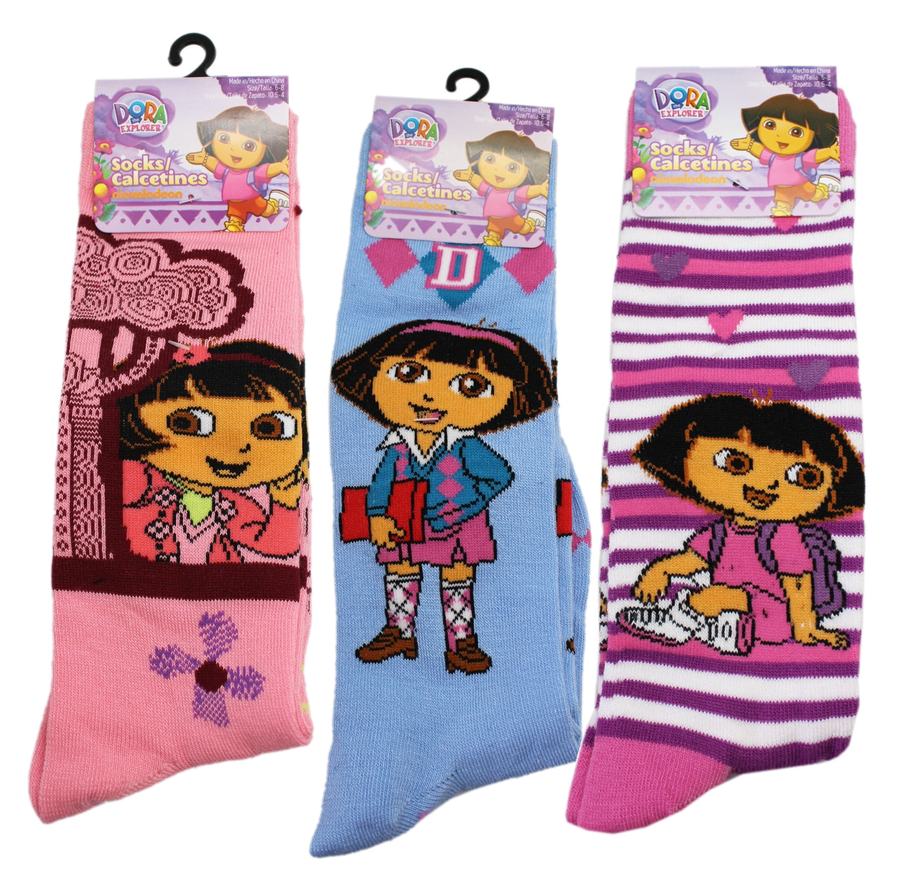 Dora the Explorer Assorted Color/Pattern Crew Socks (Size 6-8, 3 Pairs ...