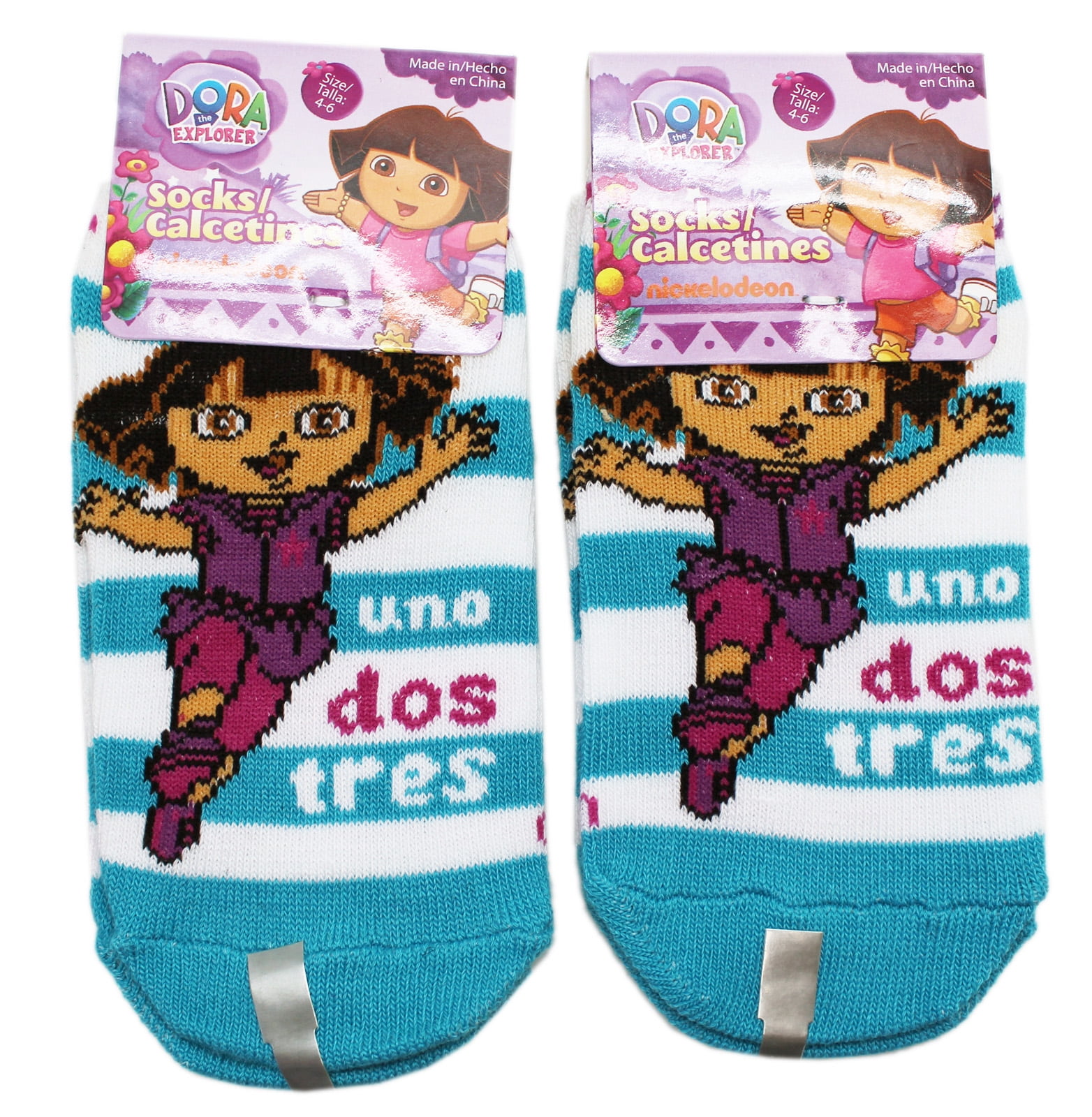 Dora the Explorer Uno Dos Tres Teal/White Striped Socks (1 Pair, Size 4 ...