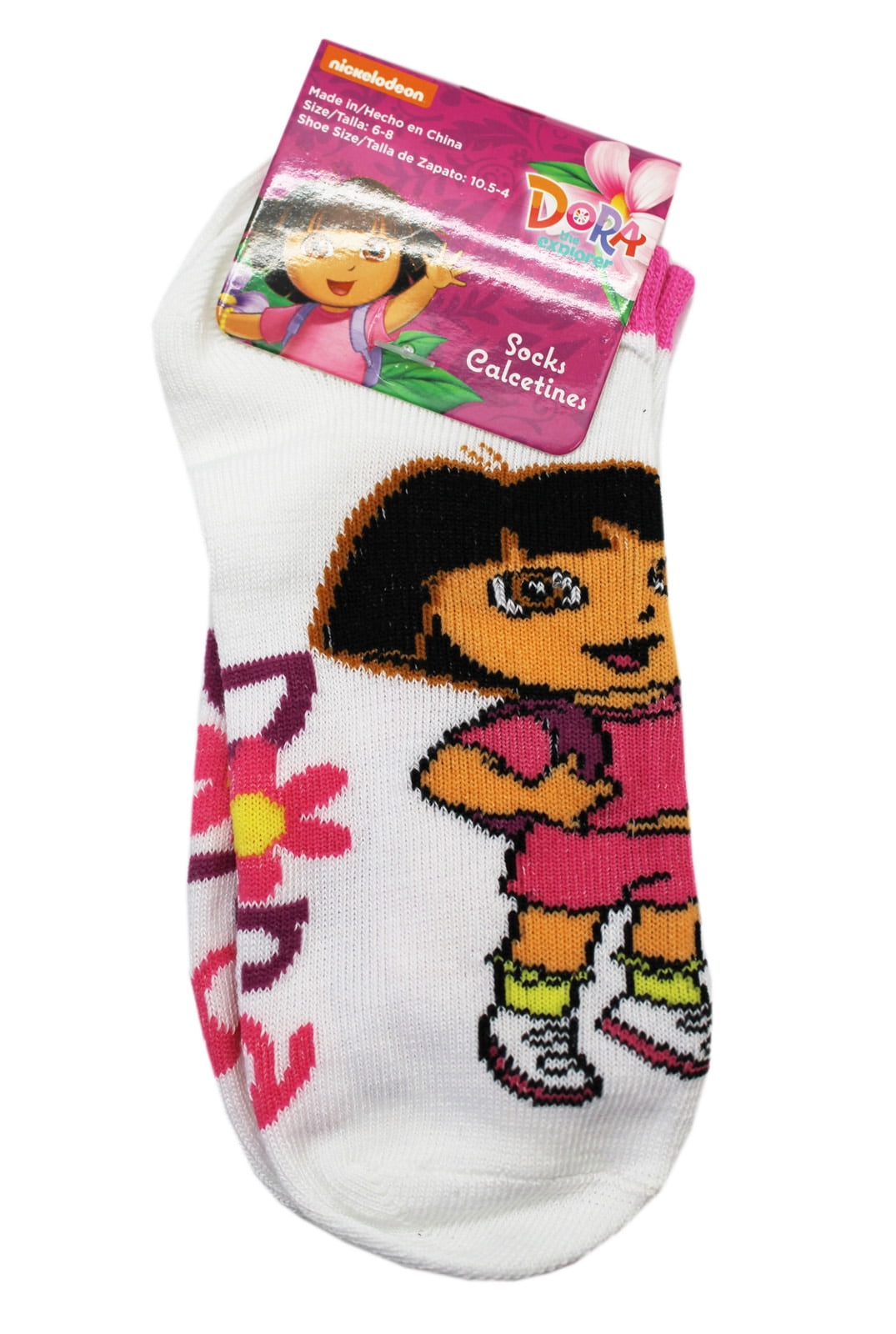 Dora the Explorer White Socks w/Flower Spelled Name ( 3 Pair, Size 6-8 ...
