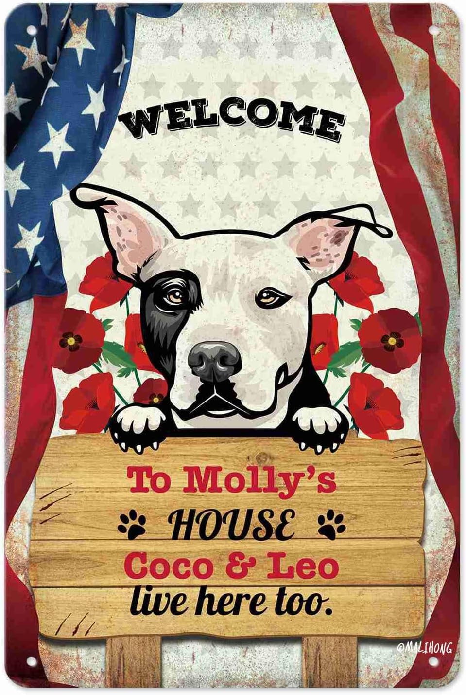Dorable Pit Bull Dog Sign American Flag Sunflower Welcome Metal Sign ...
