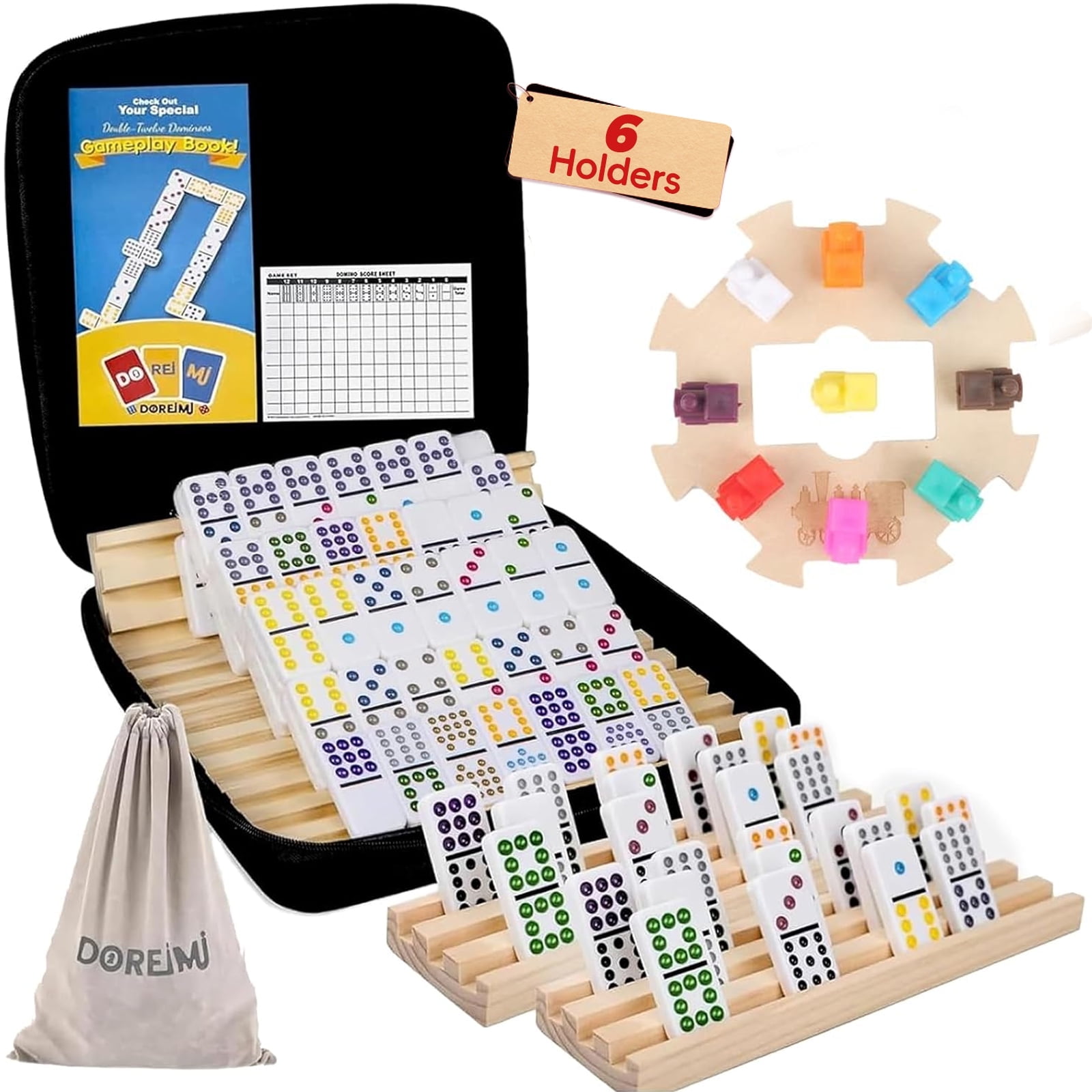 Doreimi Mexican Train Dominoes Set with 6 Wooden Holders, Double 12 ...