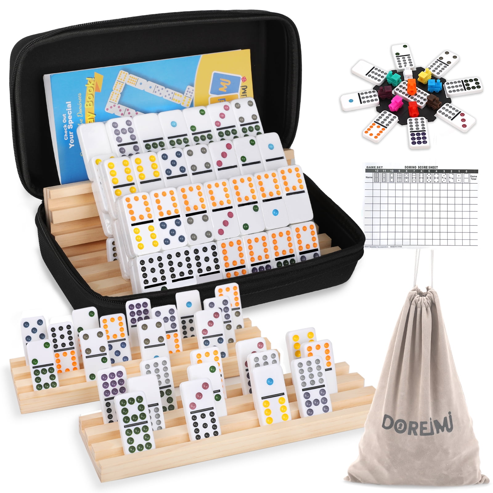 Doreimi Mexican Train Dominoes Set with 4 Wooden Racks, Double 12 ...