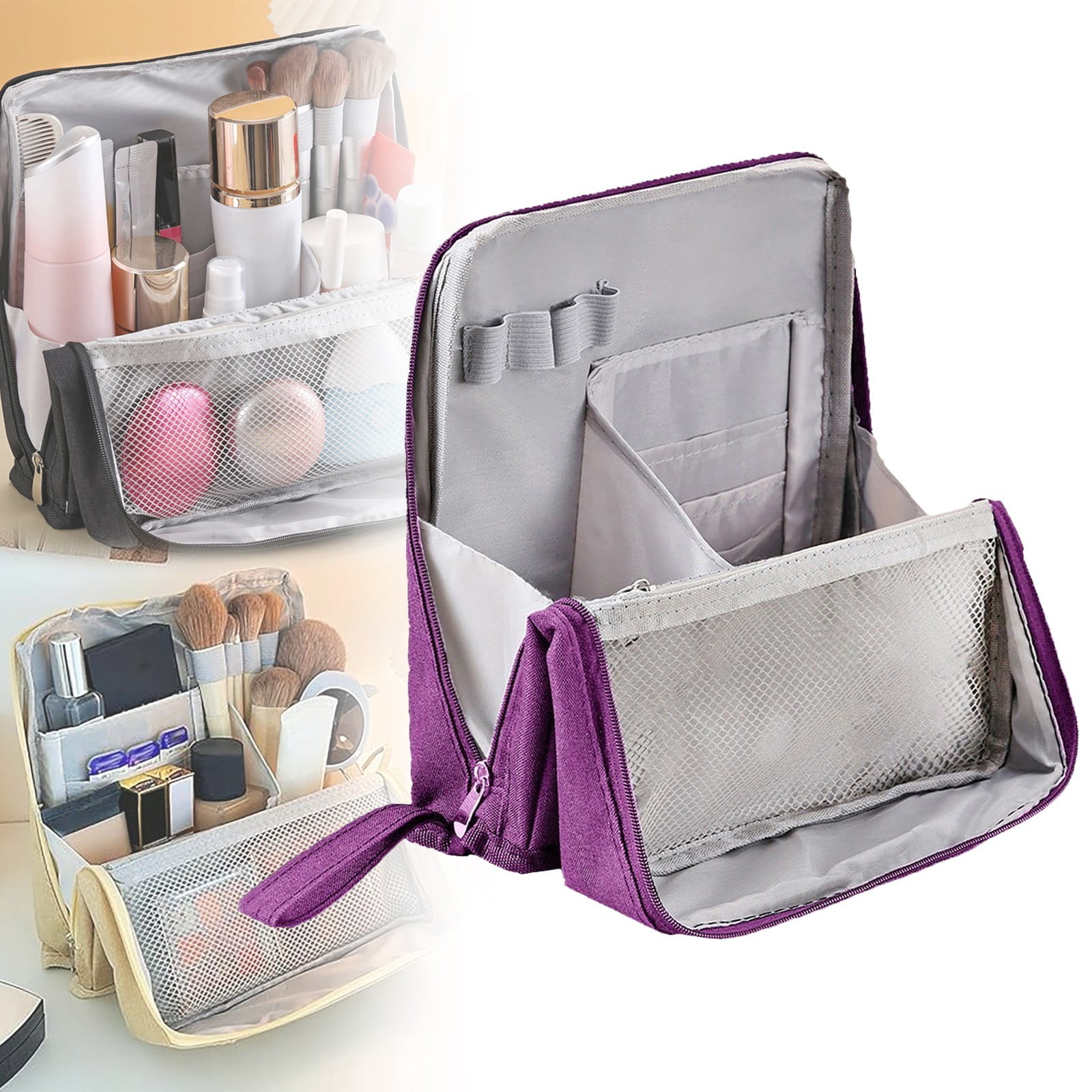 Doresty Makeup Bag - Burgundy Stand-Up Cosmetic Pouch, Portable Multi ...