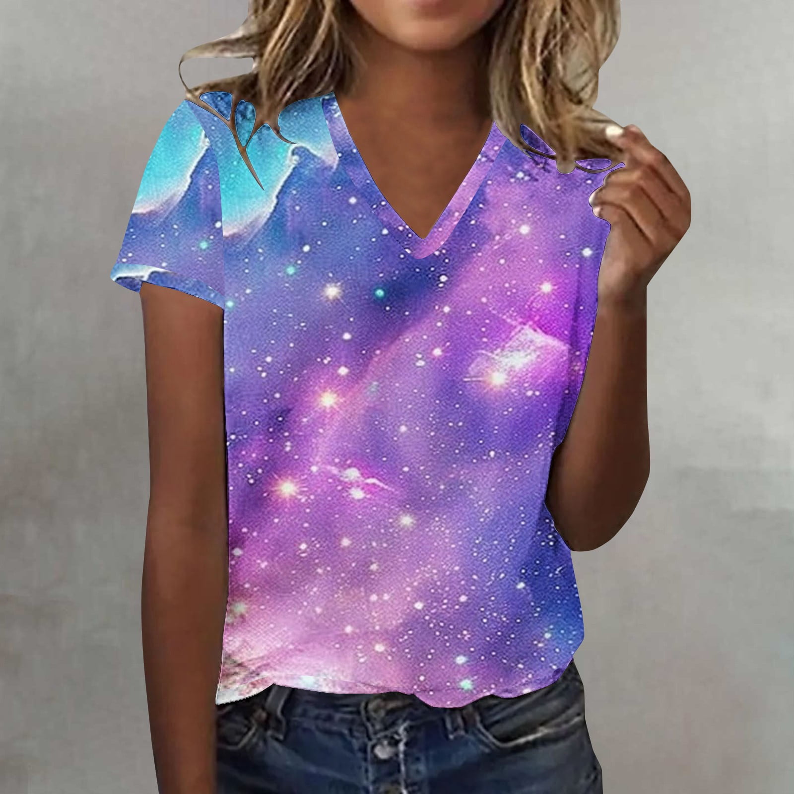 Doriano Sparkle In Style Ladies' 3D Glitter Star Printed V - Neck Short ...