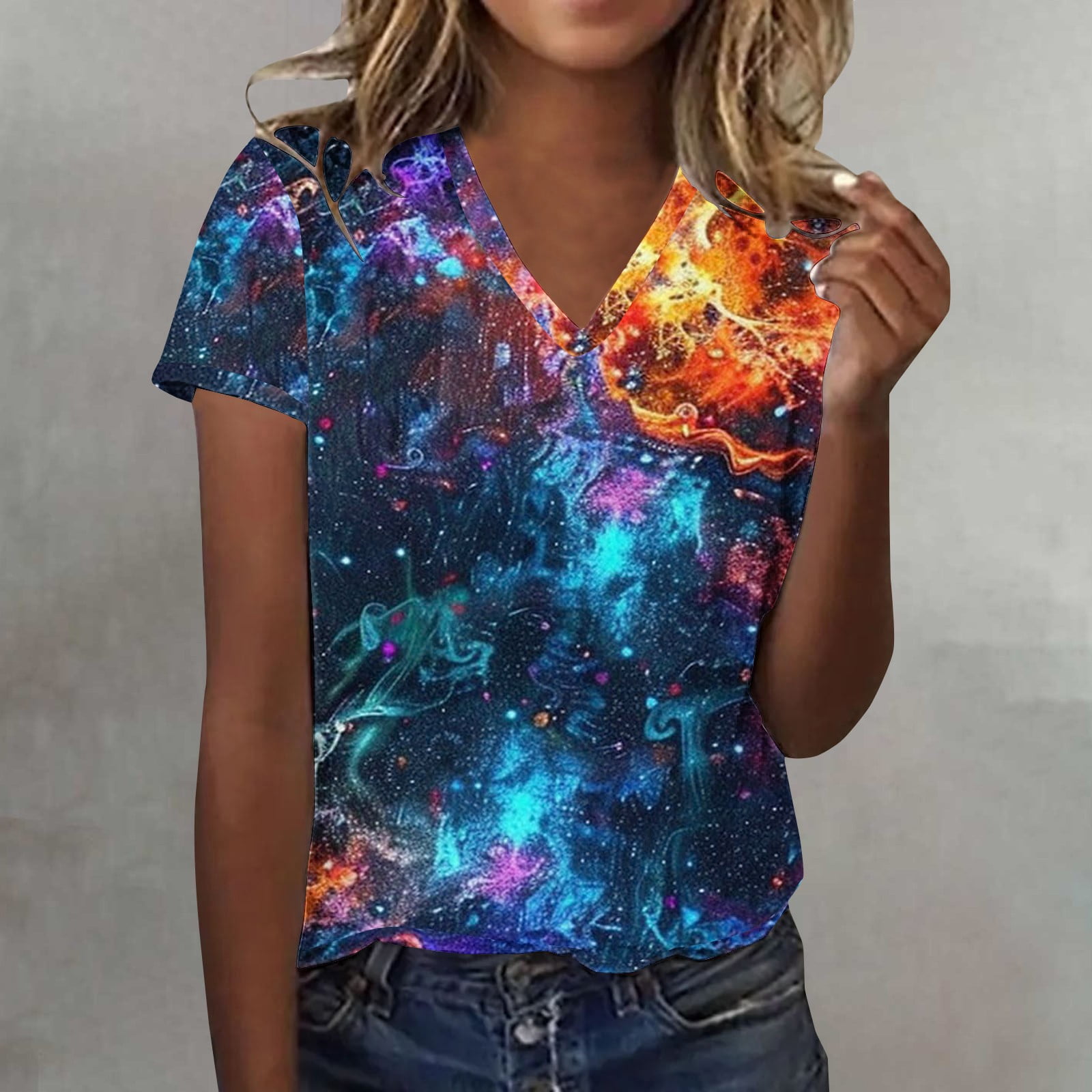 Doriano Sparkle In Style Ladies' 3D Glitter Star Printed V - Neck Short ...