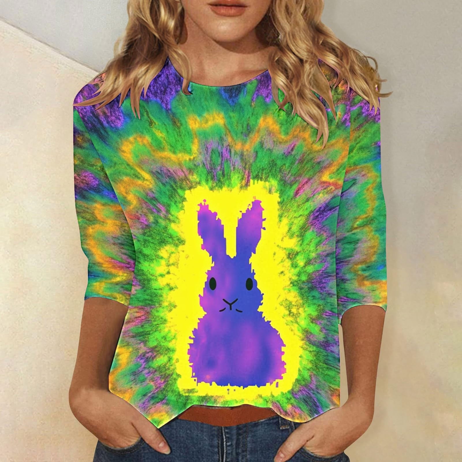 Doriano Women's Easter Bunny Gradient Graphic Tee - 3/4 Sleeve Crewneck ...