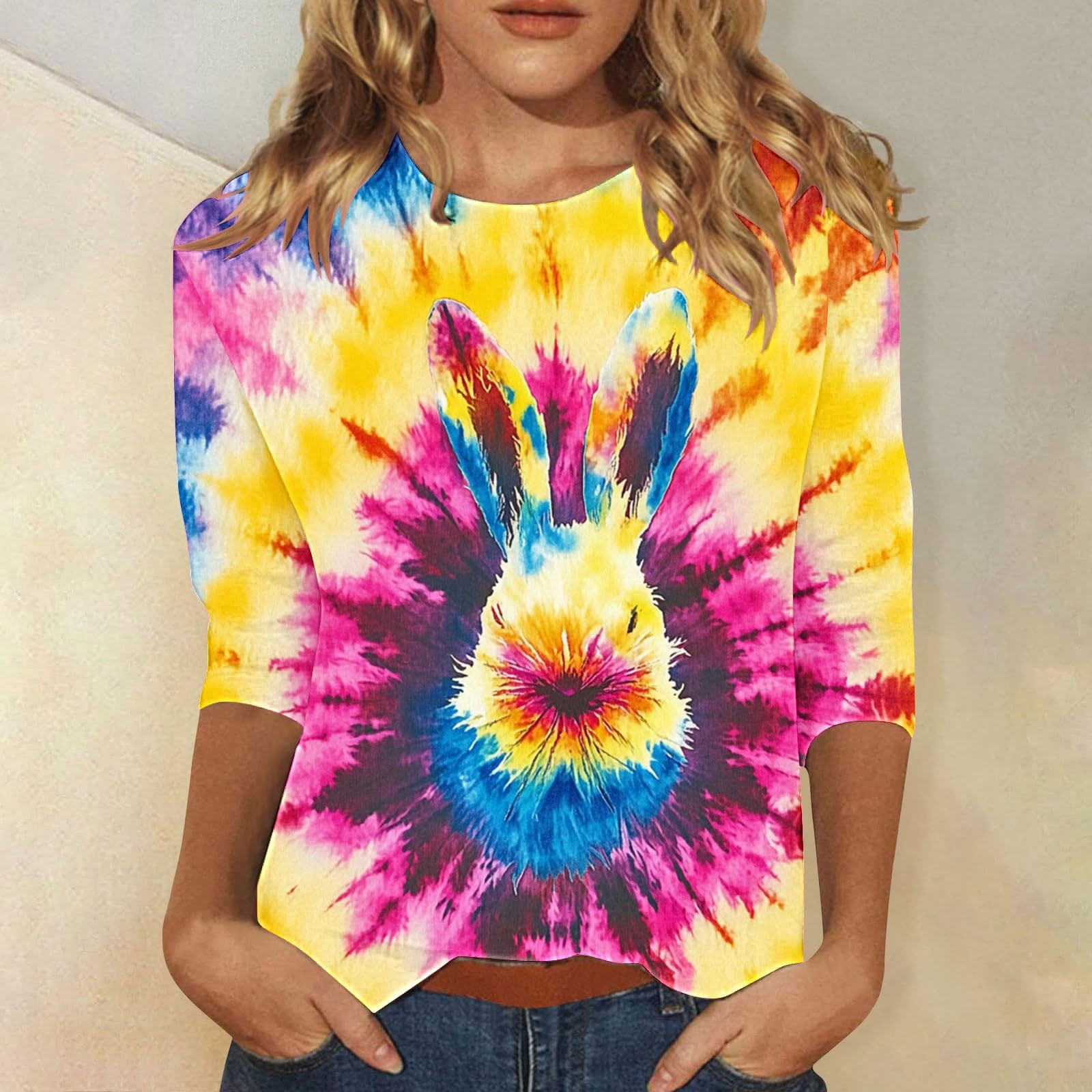 Doriano Women's Easter Bunny Gradient Graphic Tee - 3/4 Sleeve Crewneck ...