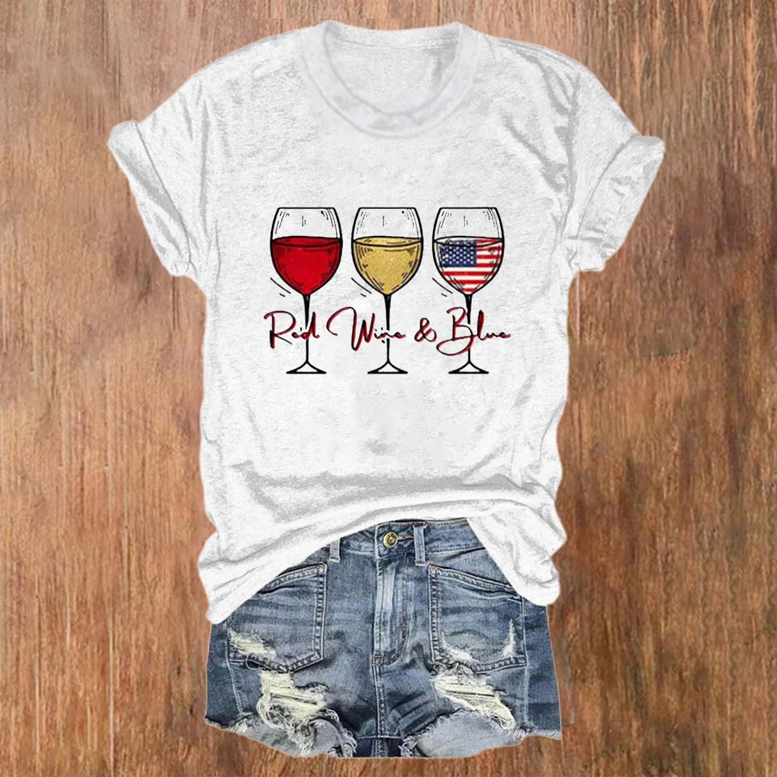 Doriano Women's Patriotic Wine Glass Print T-Shirt - Casual Round Neck ...