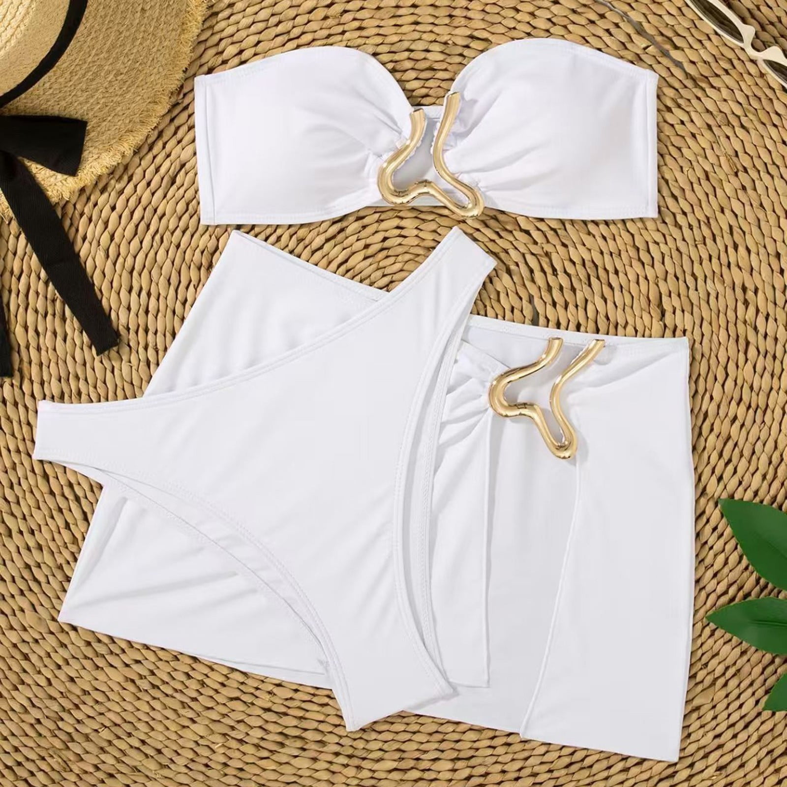 Dorinao 2025 Summer Three Piece Bikini Set - Gold Trim Sexy Bandeau Top & High Waist Bottoms ...