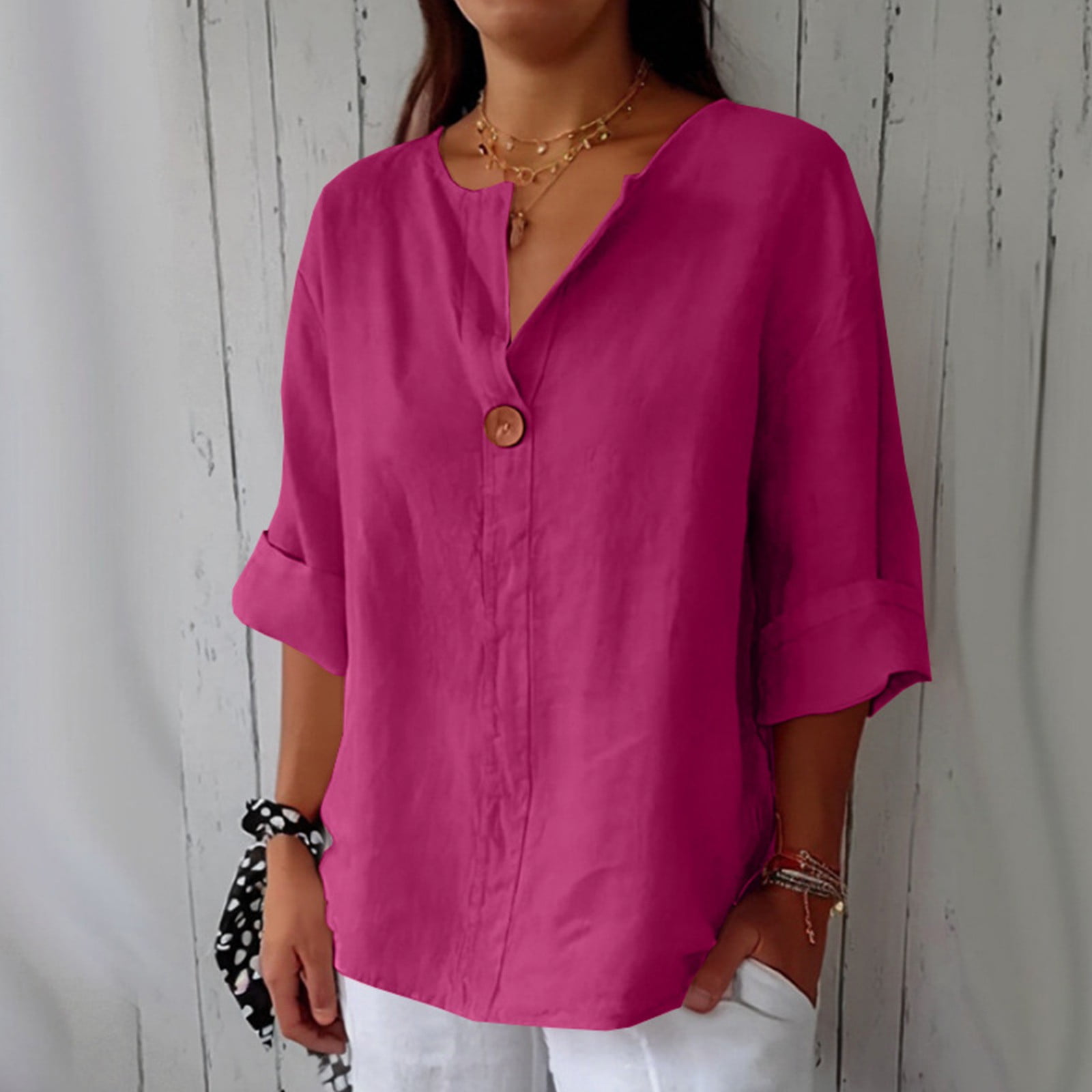 Dorinao Linen Shirt for Women Summer Cotton and Linen V Neck 3/4 Sleeve ...