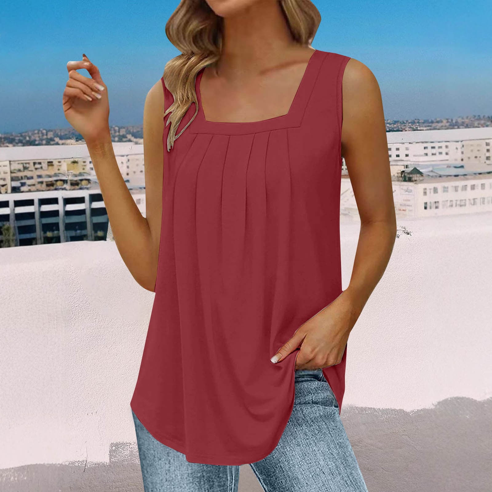 Dorinao Women's 2025 Square Neck Pleated Tank Top - Loose Fit Curved ...