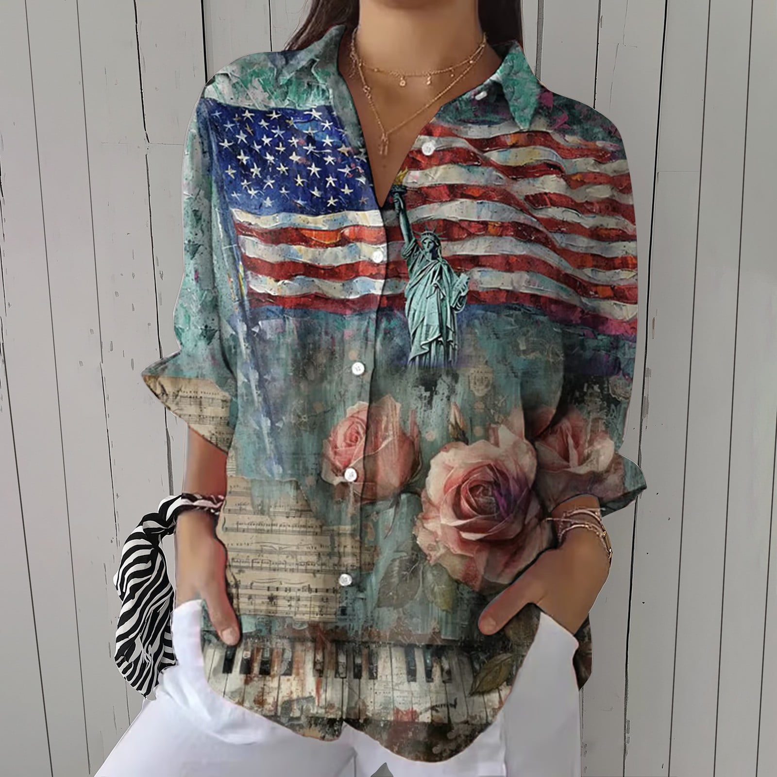Dorinao Women's 4Th of July Retro American Flag Floral Print V Neck ...