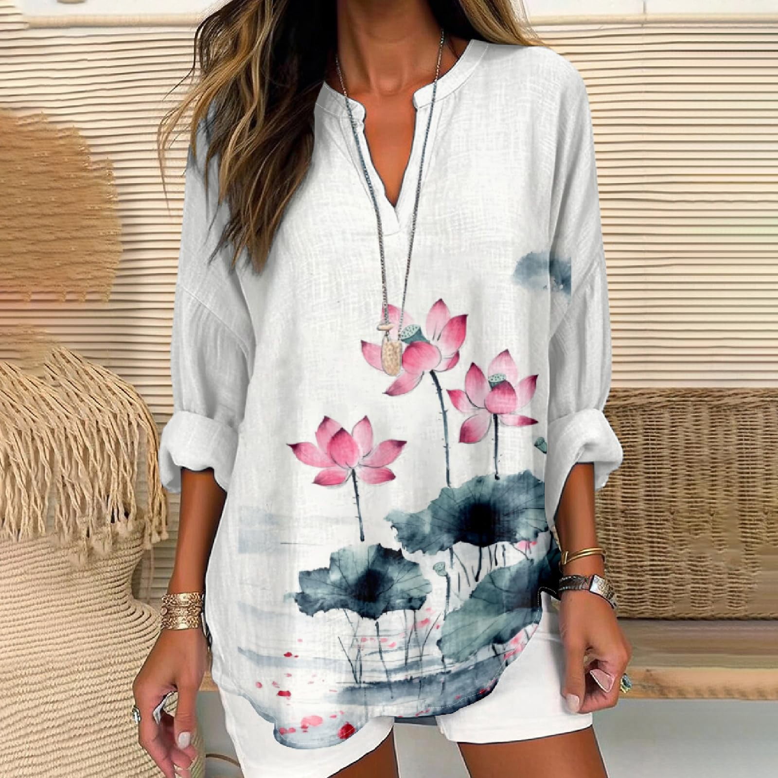 Dorinao Women's Boho V-Neck Long Sleeve Graphic Blouse - Art Print ...