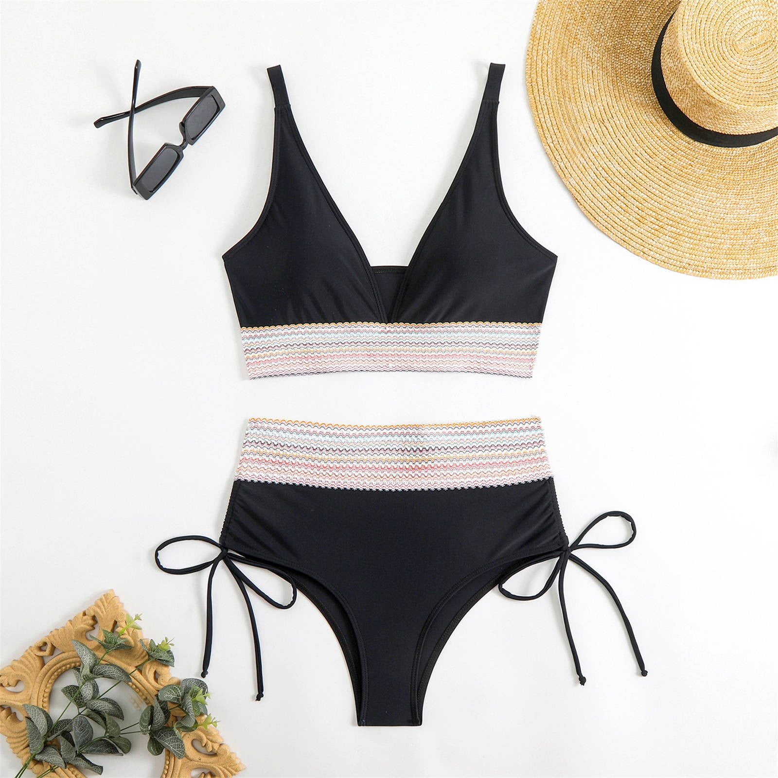 Dorinao Women's Color Blocking Deep V Bikini Pleated Swimsuit, Black, M ...