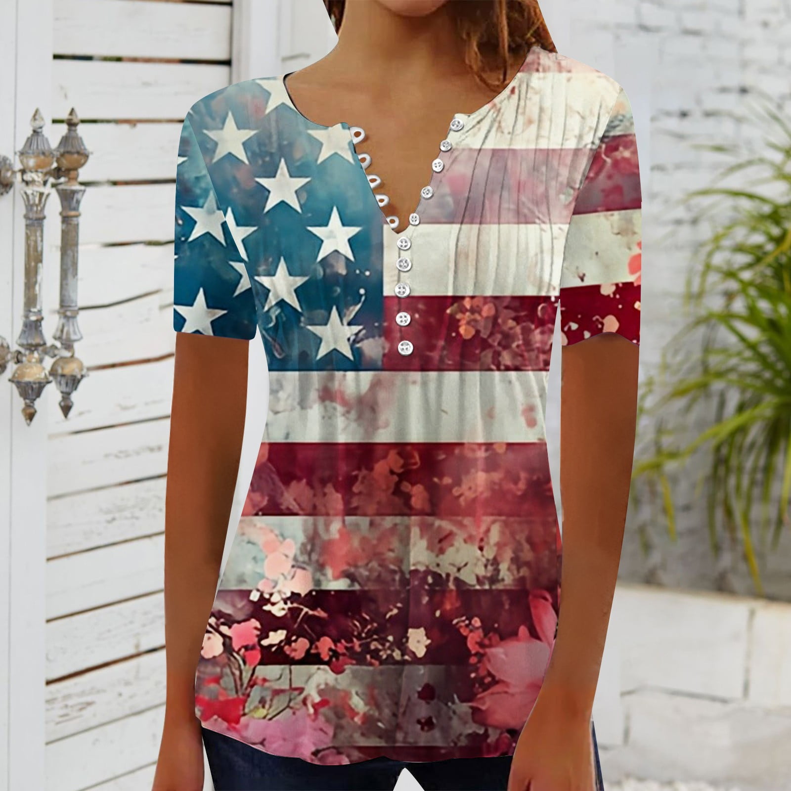 Dorinao Women's Independence Day Chest Button Pleated Short Sleeve T-Shirt - Casual Summer Top ...