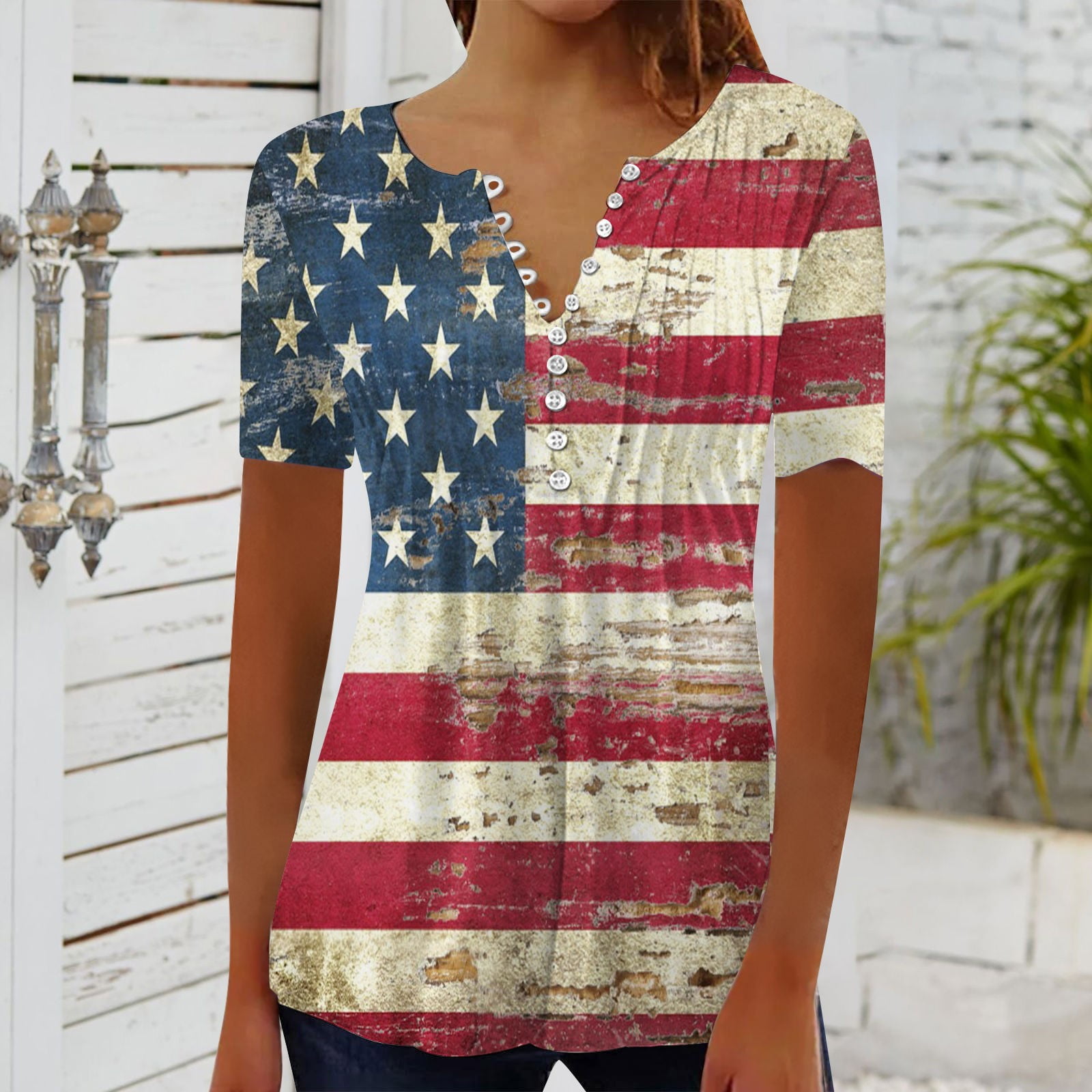 Dorinao Women's Independence Day Chest Button Pleated Short Sleeve T-Shirt - Casual Summer Top ...