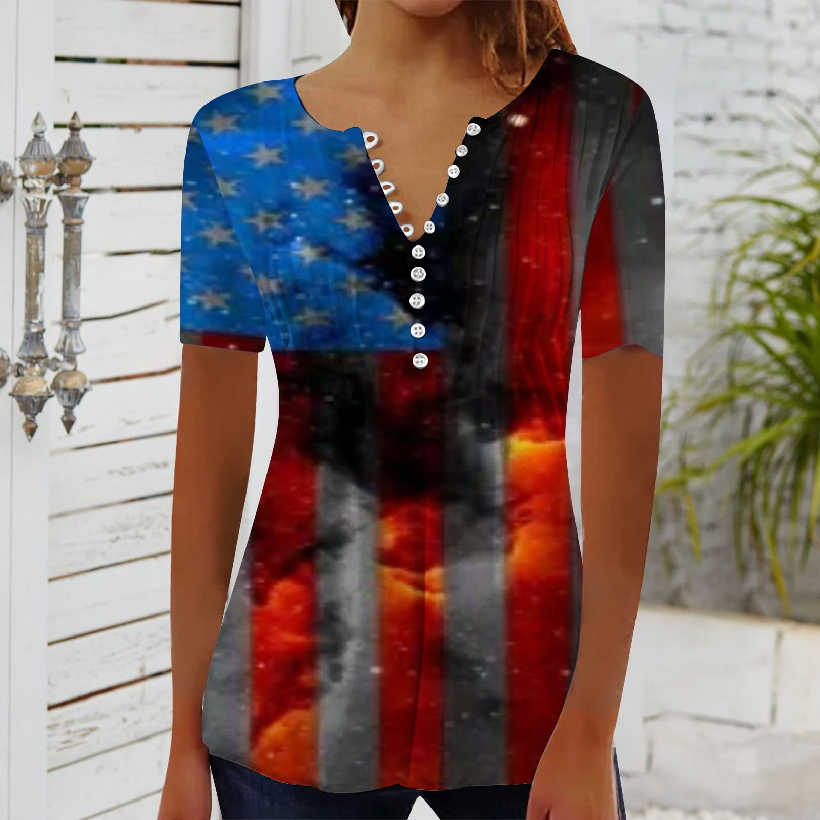 Dorinao Women's Independence Day Chest Button Pleated Short Sleeve T-Shirt - Casual Summer Top ...