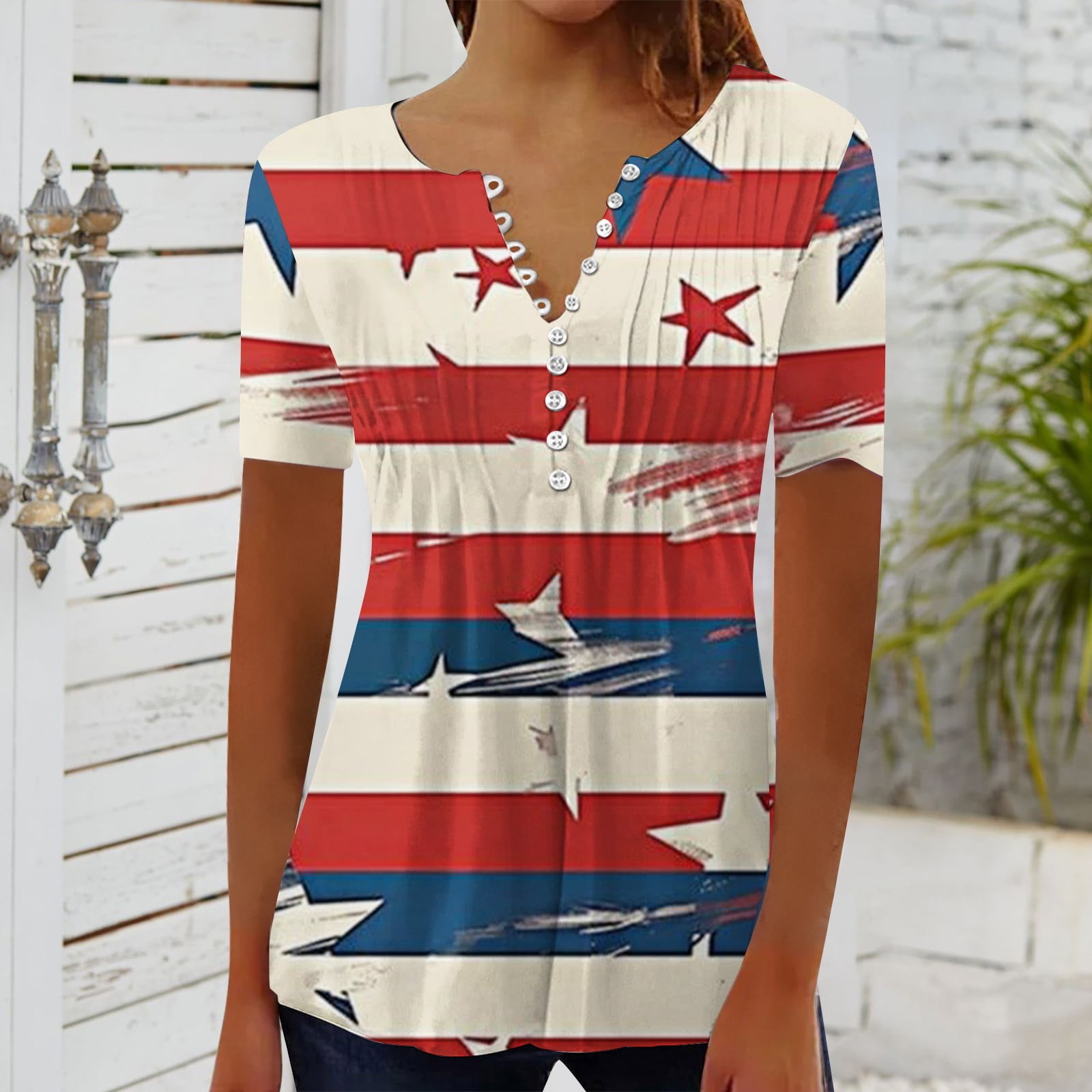 Dorinao Women's Independence Day Chest Button Pushing Short Sleeve T ...