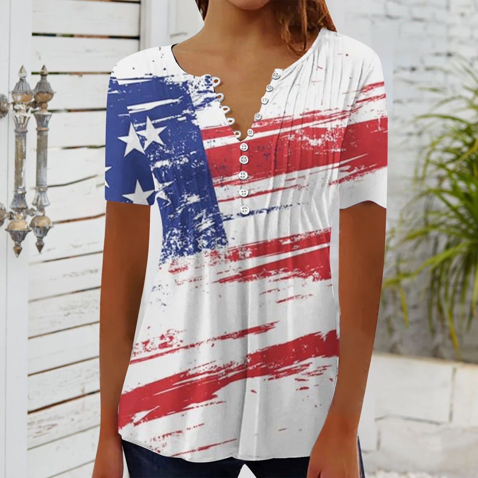 Dorinao Women's Independence Day Chest Button Pushing Short Sleeve T-Shirt - Casual Summer Top ...