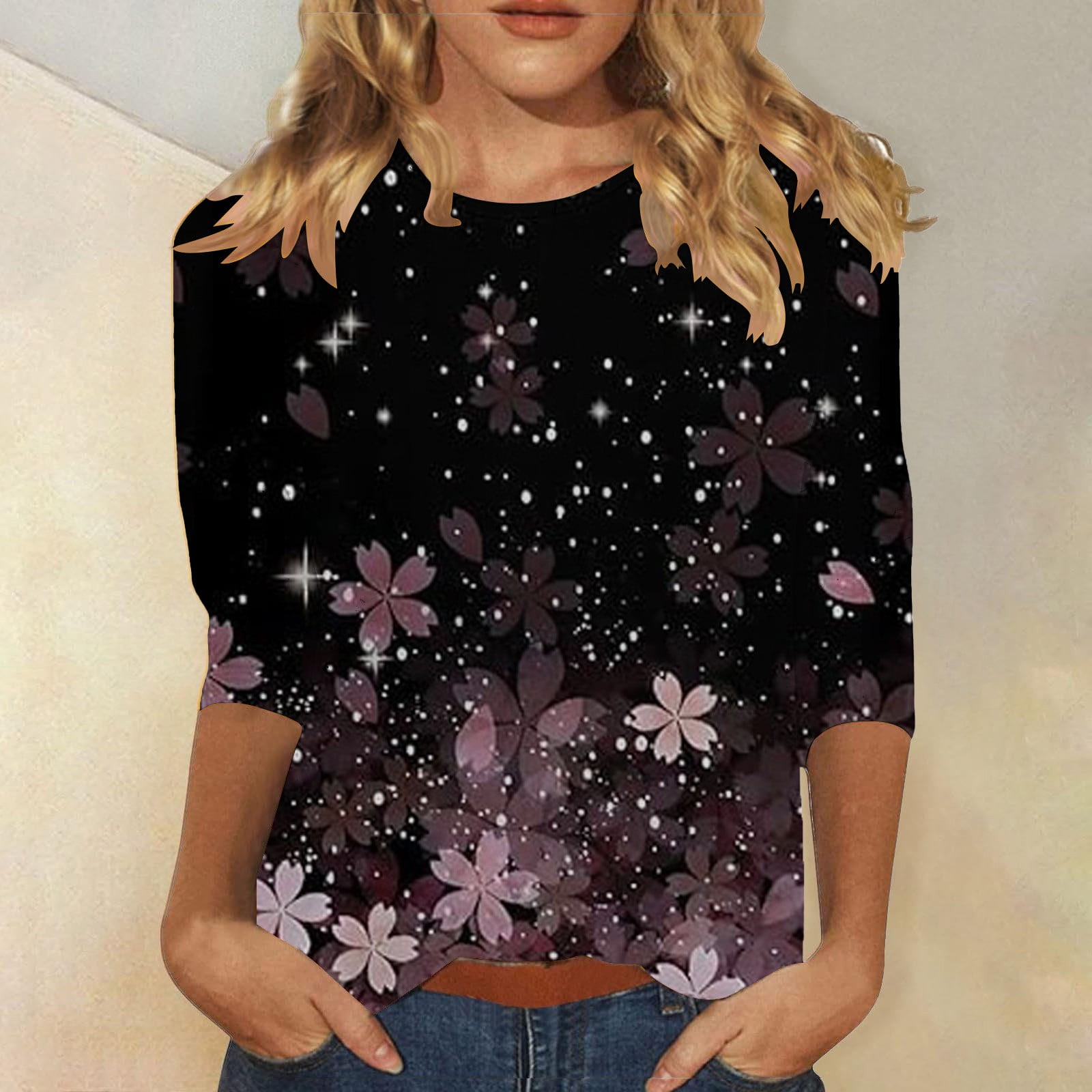 Dorinao Women's Spring Round Neck Regular Printed Loose Casual Seven ...