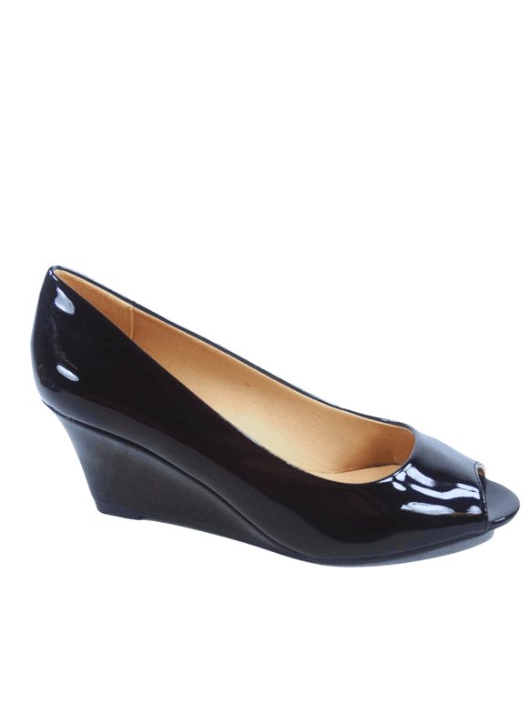 Womens Black Patent Leather Peep Toe Pumps