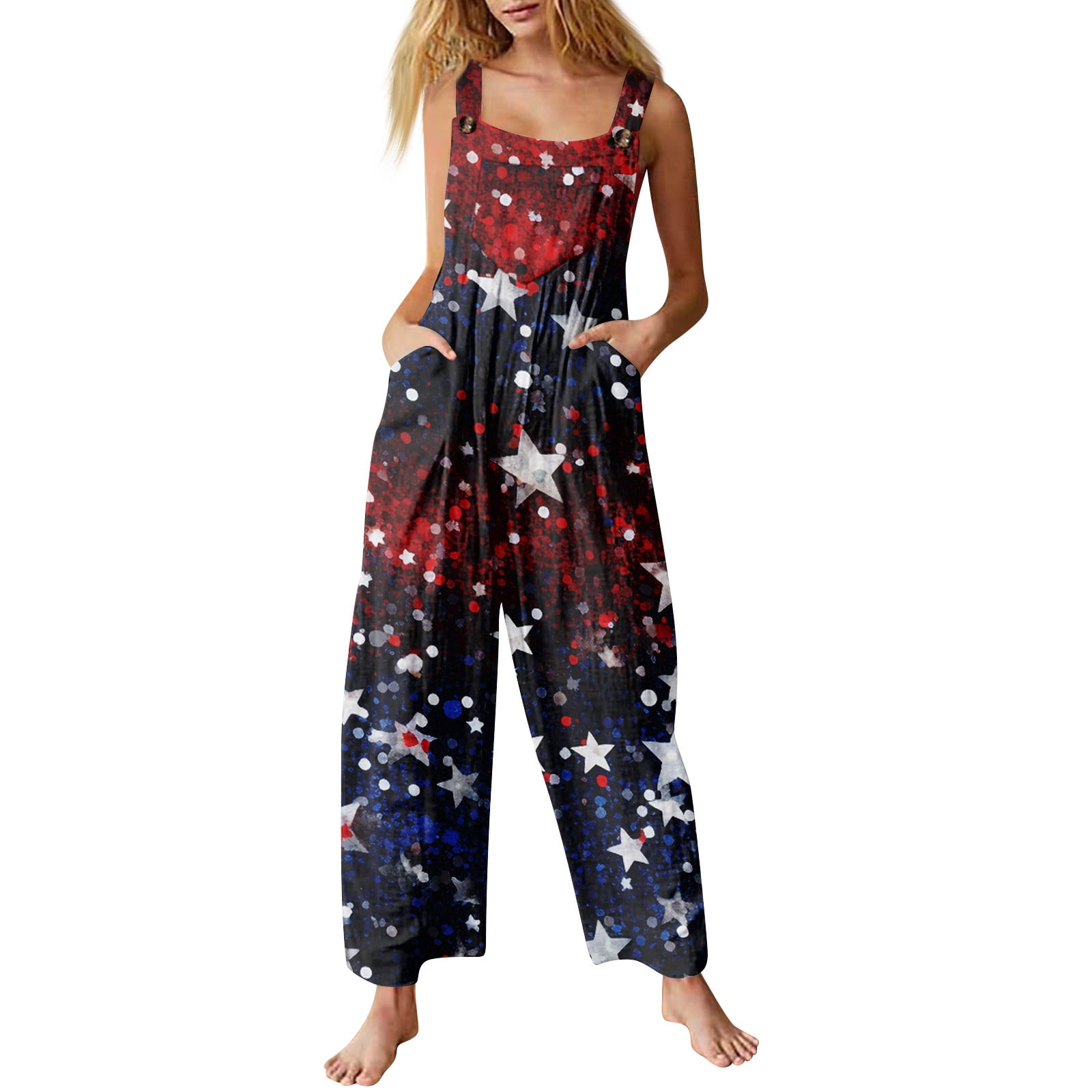 Dorkasm American Flag Overalls Women Wide-Leg Sleeveless Jumpsuits USA ...
