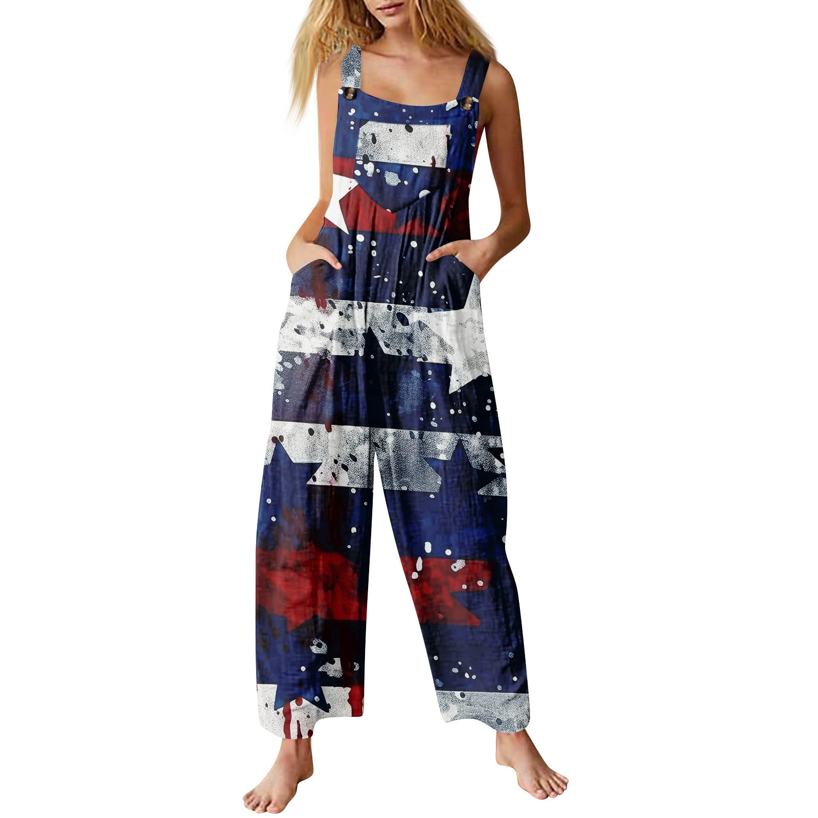 Dorkasm American Flag Overalls for Women Sleeveless Wide-Leg Jumpsuits ...