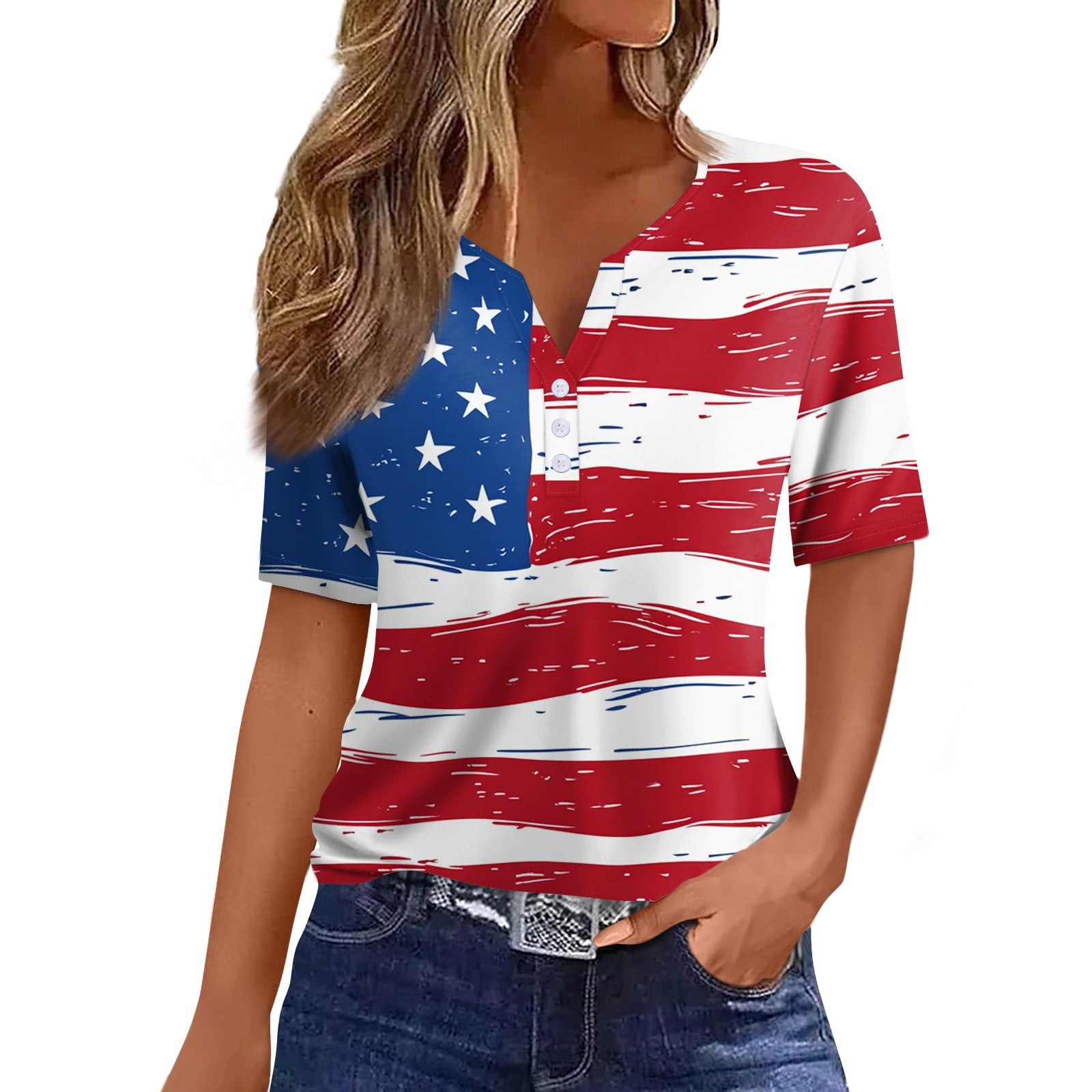 Dorkasm American Flag Tops for Women Button Down Short Sleeve Henley ...