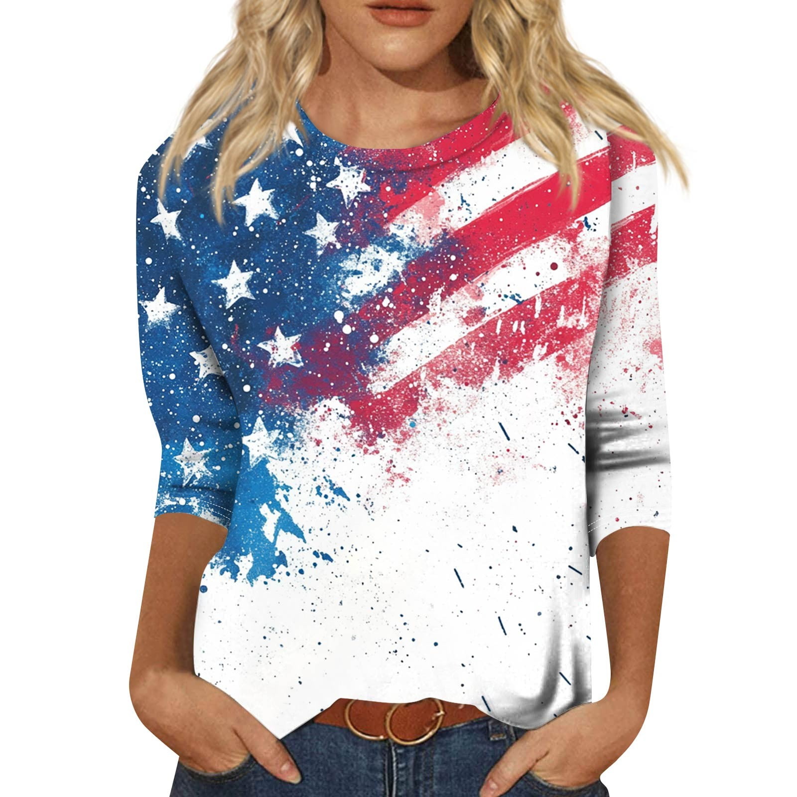 Dorkasm American Flag Tops for Women Fashion 3/4 Sleeve USA Flag Shirts ...