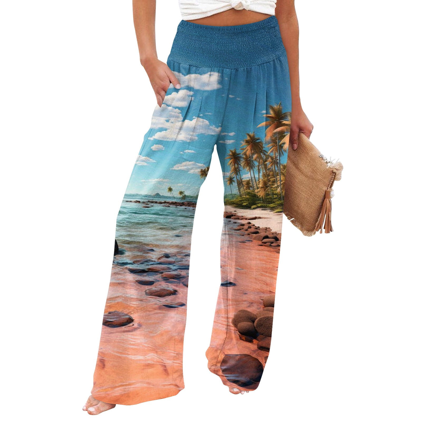 Dorkasm Hawaiian Womens Palazzo Pants Casual Smocked Elastic High Waist