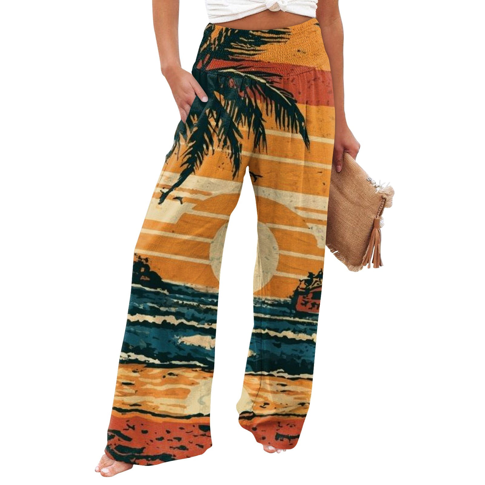 Dorkasm Hawaiian Womens Palazzo Pants Casual Smocked Elastic High Waist