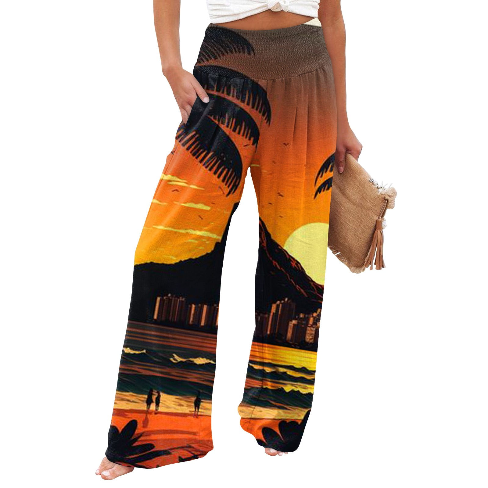 Dorkasm Hawaiian Womens Palazzo Pants Casual Smocked Elastic High Waist