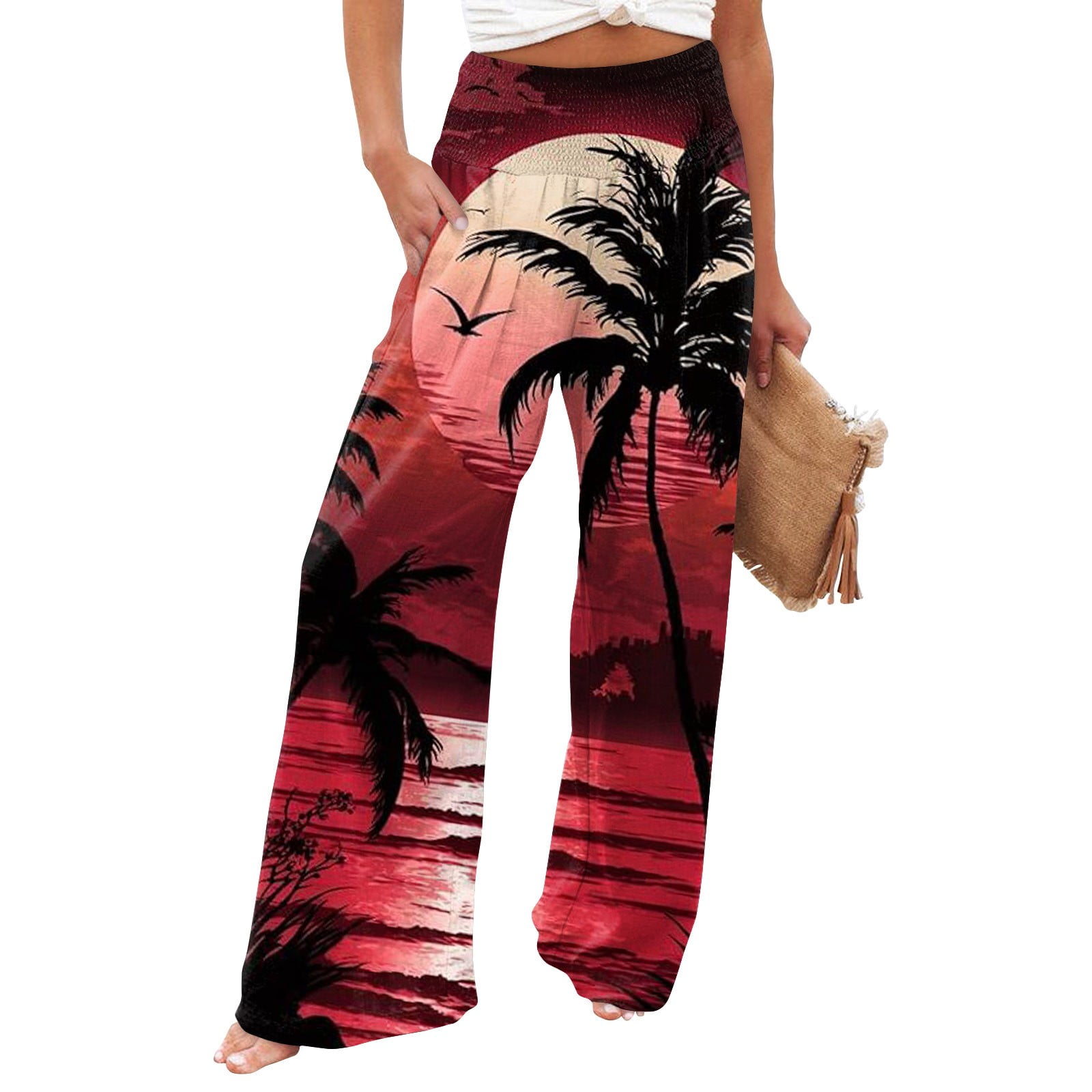 Dorkasm Hawaiian Womens Palazzo Pants Casual Smocked Elastic High Waist