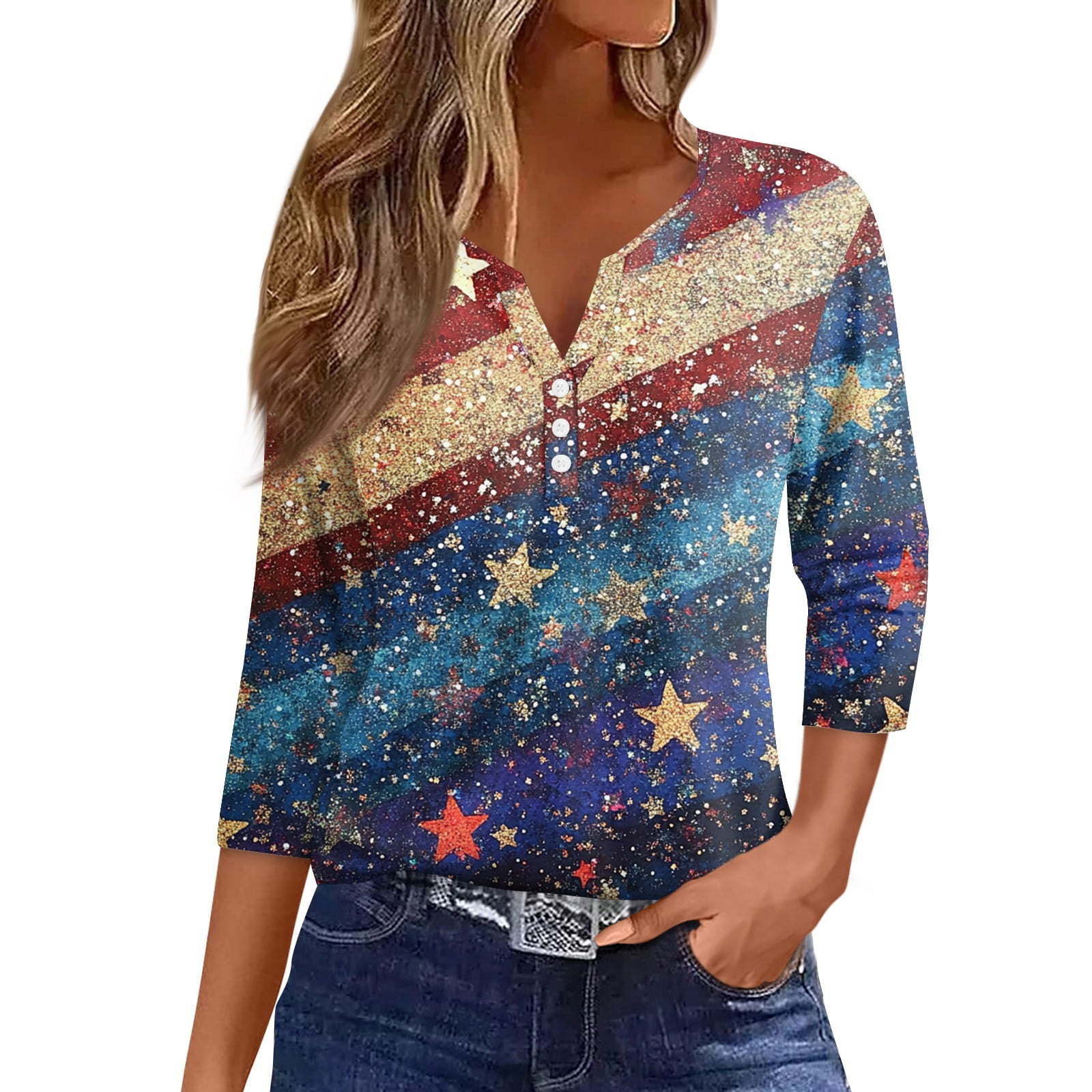 Dorkasm Memorial Day Tops for Women Button Down Henley 3/4 Sleeve Scrub ...
