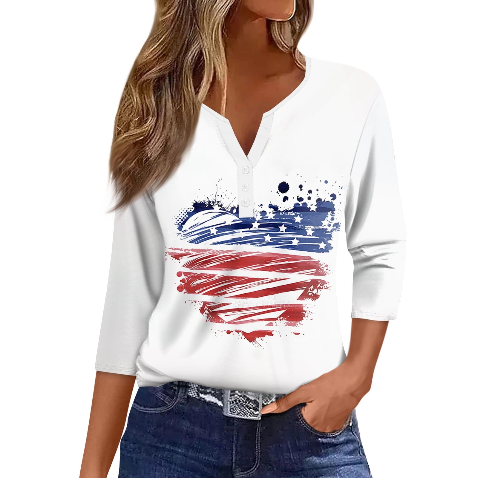 Dorkasm Patriotic Top Women Button Down USA Flag Henley Scrub 3/4 ...
