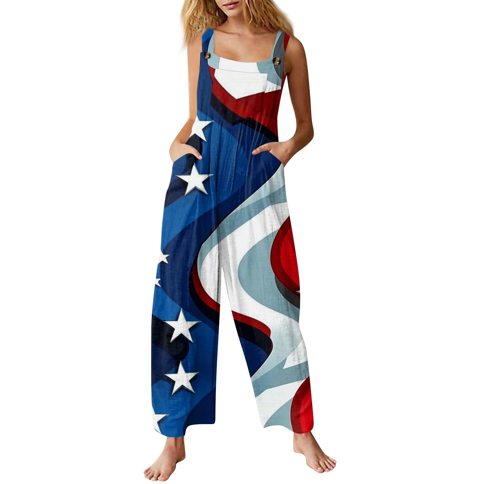 Dorkasm Red White and Blue Overalls Women Wide-Leg USA Flag Jumpsuits ...