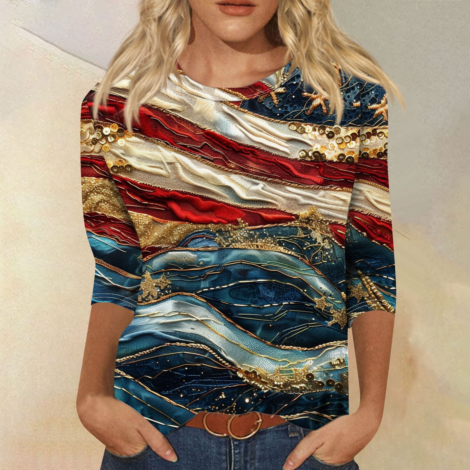 Dorkasm Women 4th Of July Tops 3 4 Sleeve Crew Neck Tshirts Shirts For