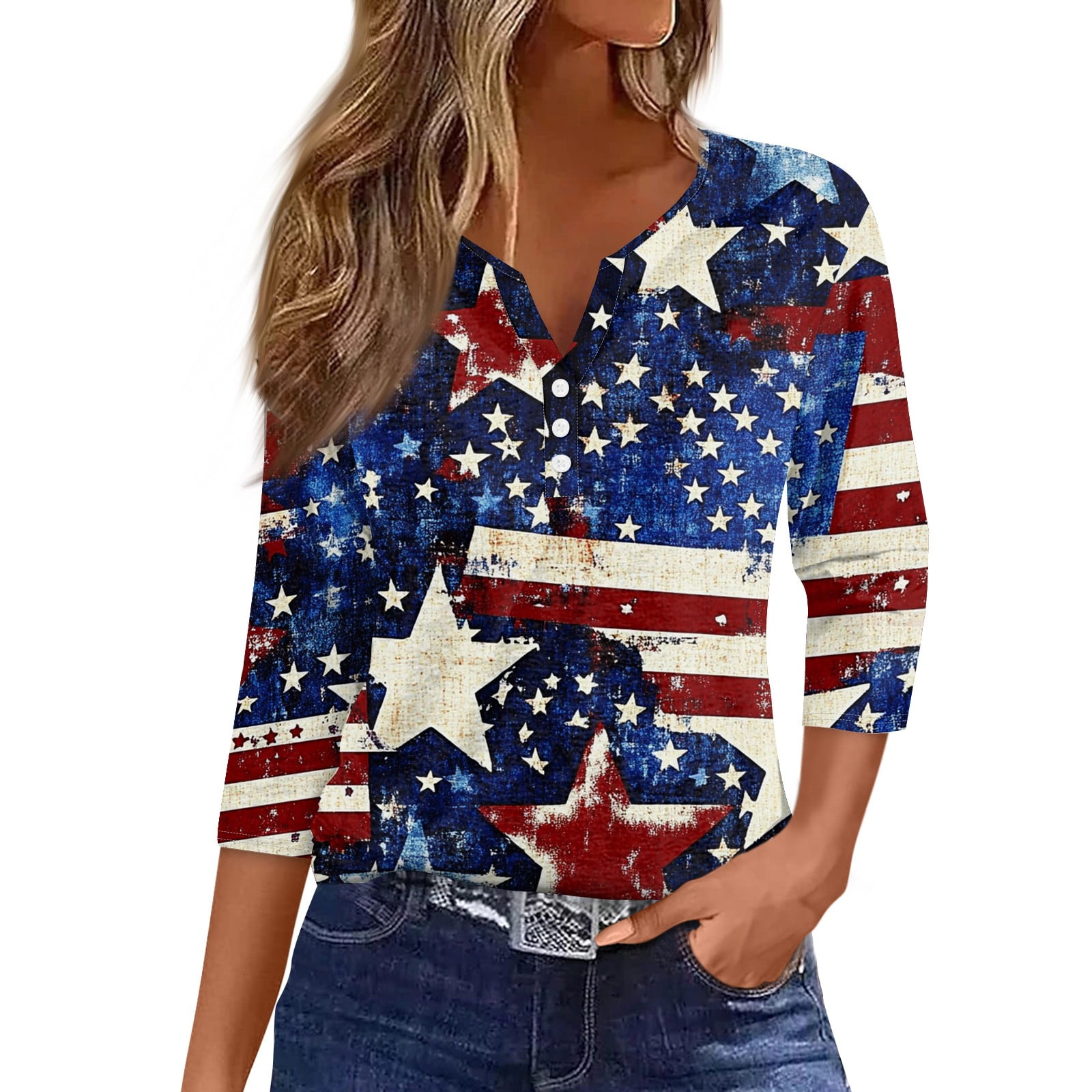 Dorkasm Women's American Flag Tops Button Down Henley USA Flag Scrub 3/ ...