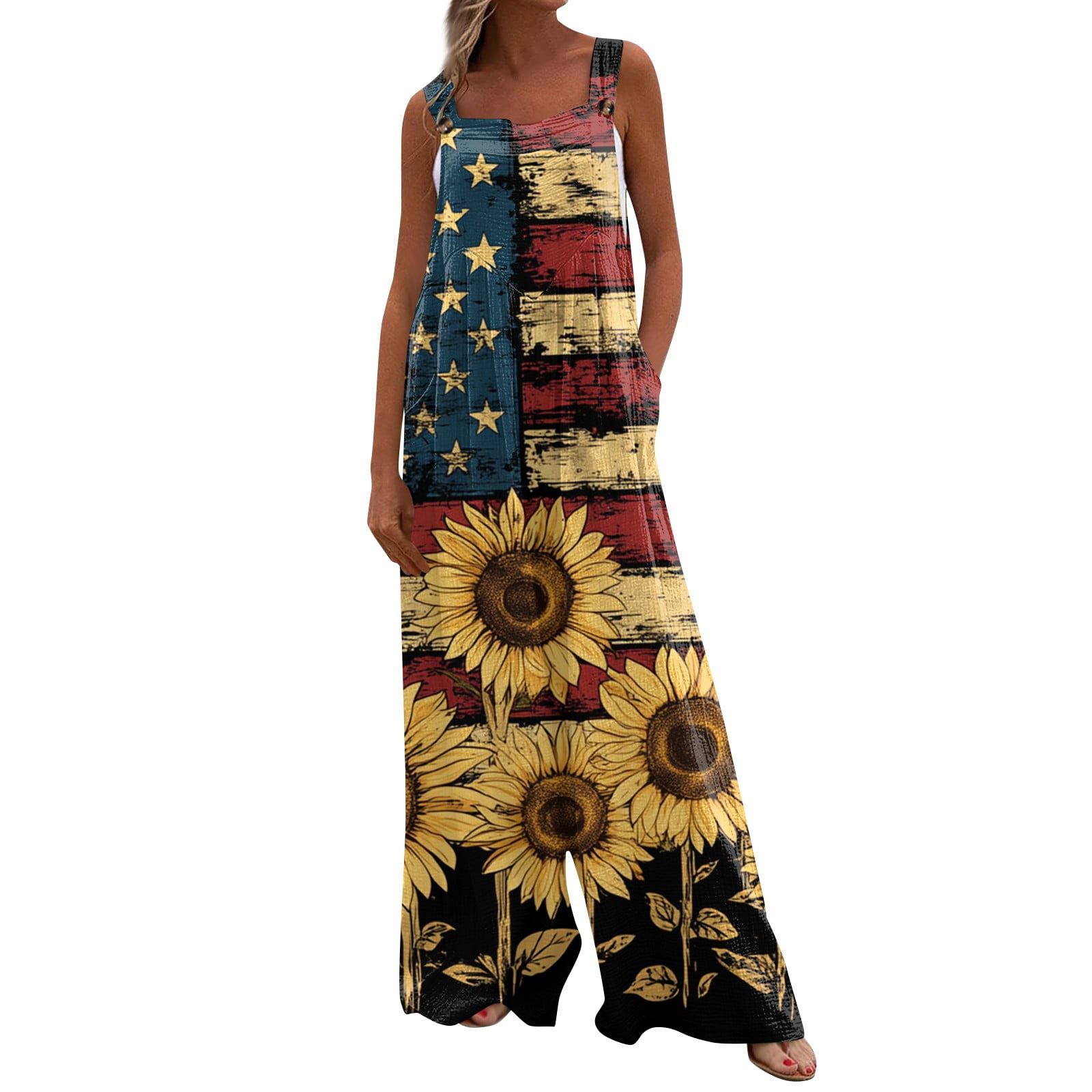 Dorkasm Womens American Flag Overalls Wide-Leg Sleeveless Jumpsuits USA ...